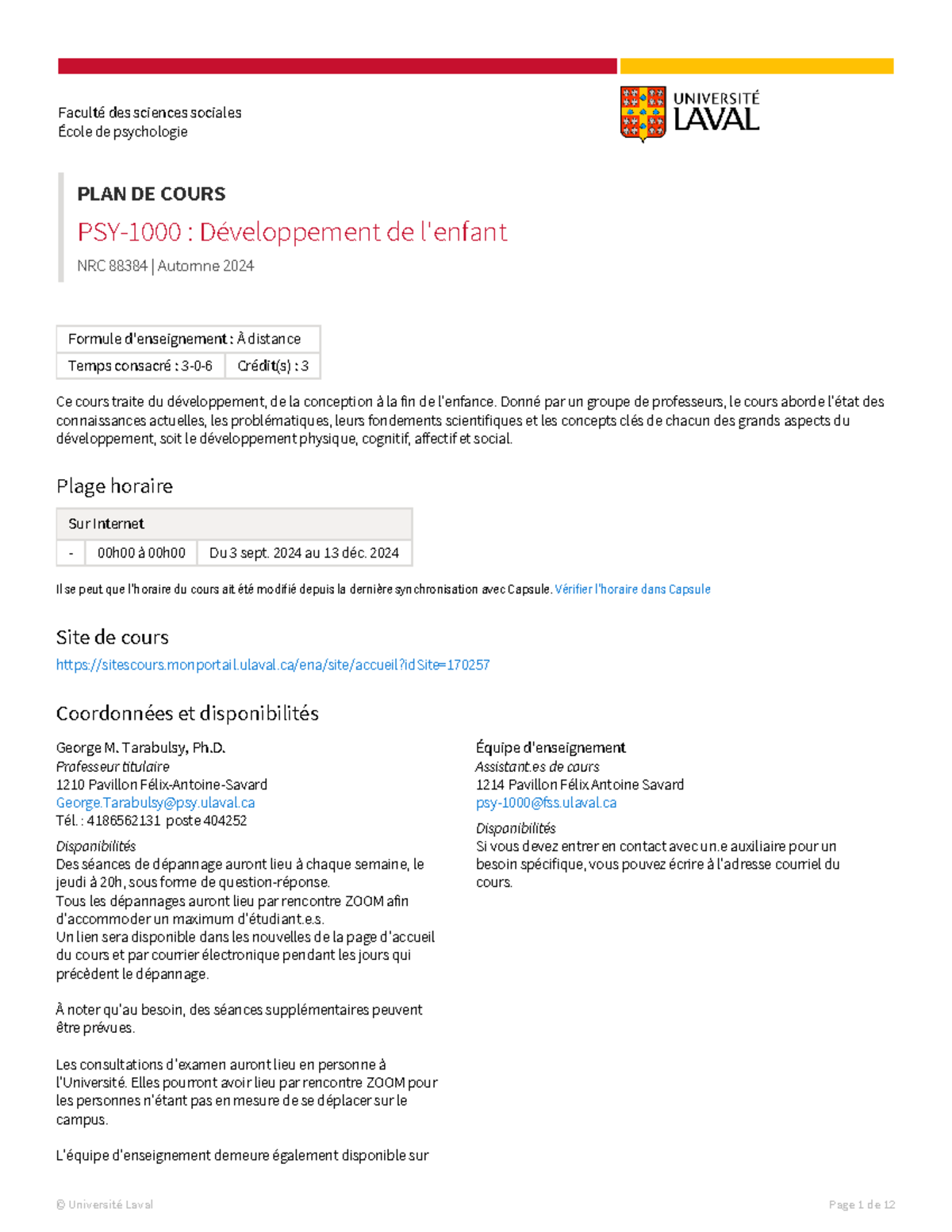 PSY-1000 A24 88384 - plan de cours Développement de l'enfant - Faculté des sciences sociales ...