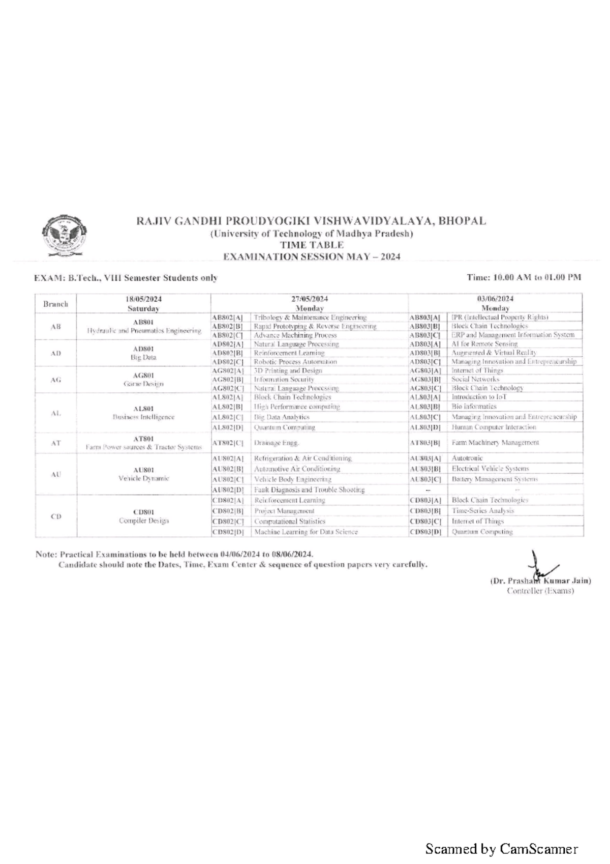 B. Tech VIII Sem Time Table May 2024 - Computer Science - Studocu