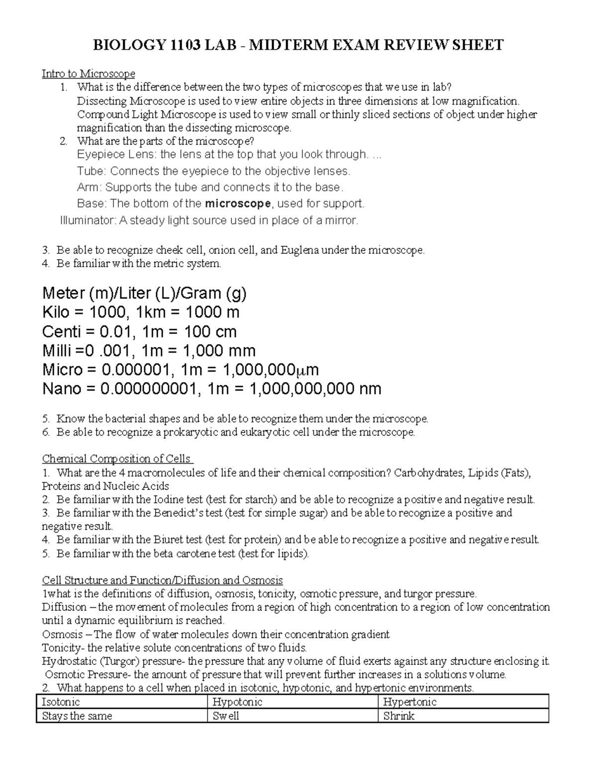 Midterm Review - notes - BIOLOGY 1103 LAB - MIDTERM EXAM REVIEW SHEET ...