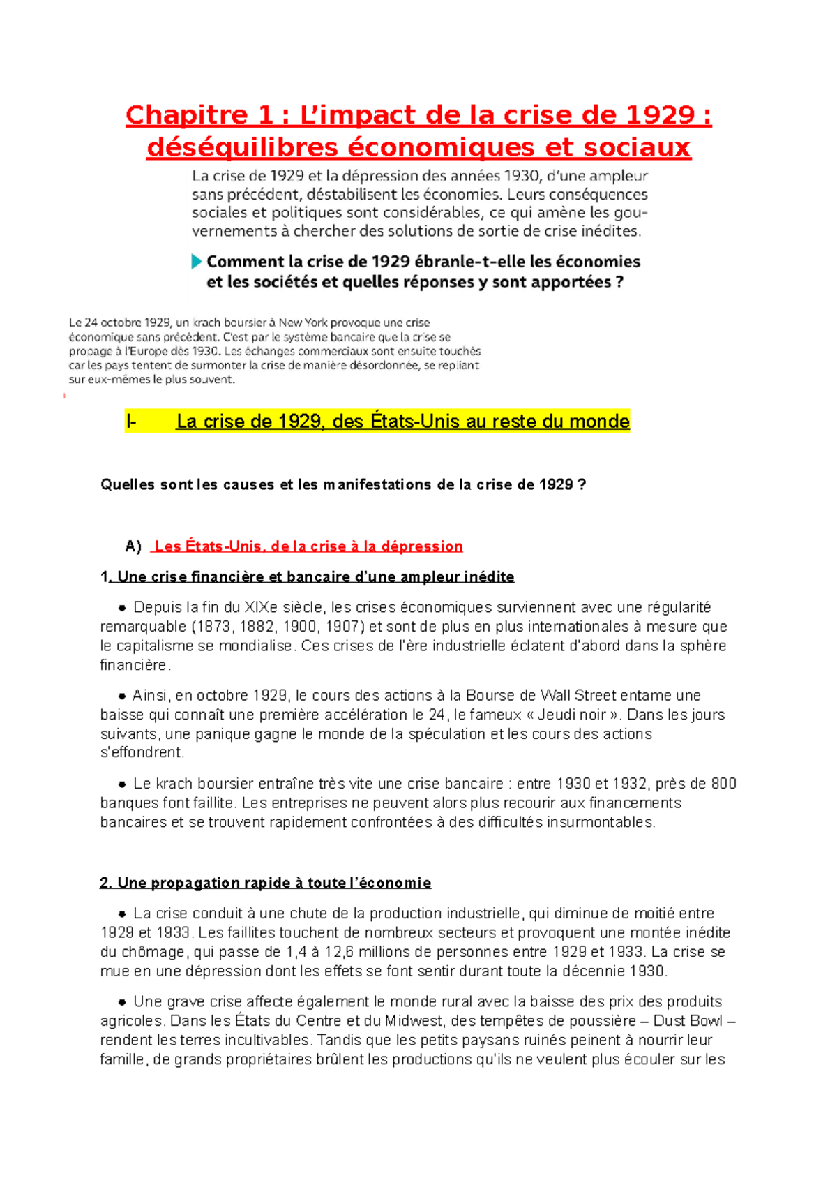 L’impact de la crise de 1929 : déséquilibres économiques et sociaux - Une crise financière et ...