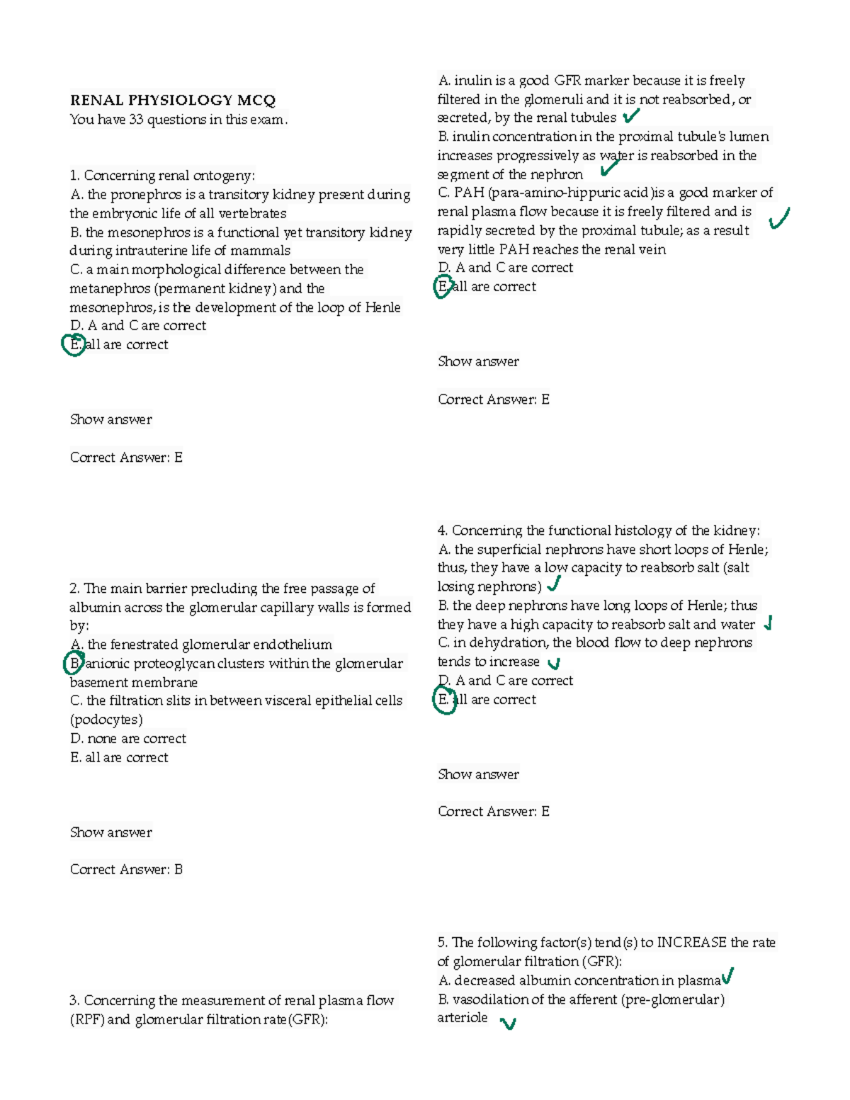 Pdfcoffee - RENAL PHYSIOLOGY MCQ You have 33 questions in this exam. Concerning renal ontogeny ...
