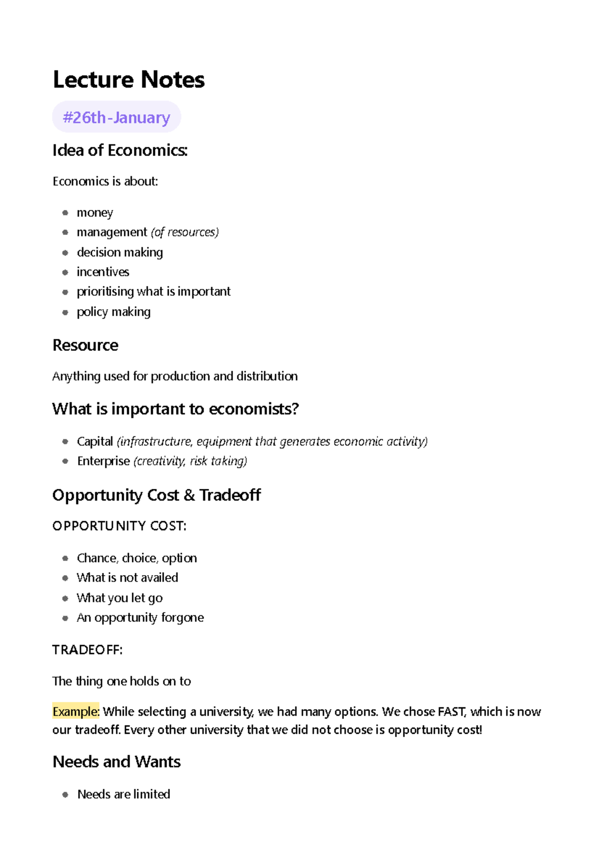 Lecture Notes - ME - Lecture Notes #26th-January Idea of Economics ...
