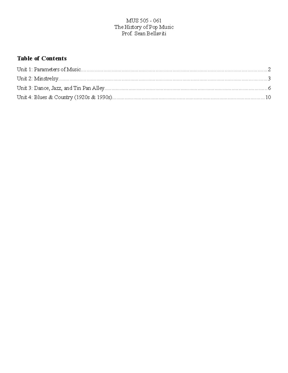 MUS 505 Notes - MUS 505 - 061 The History of Pop Music Prof. Sean ...