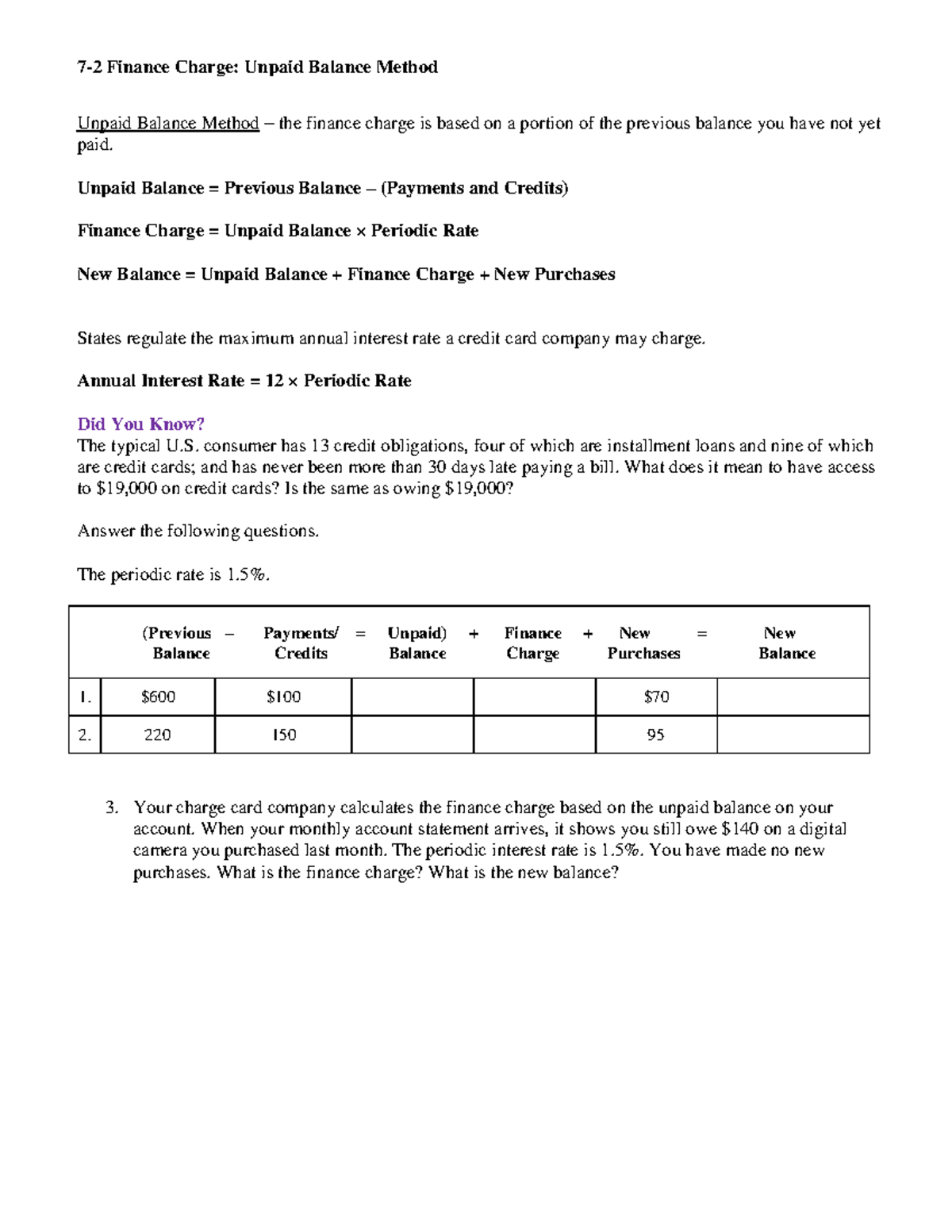 Unpaid Balance Practice - 7-2 Finance Charge: Unpaid Balance Method ...