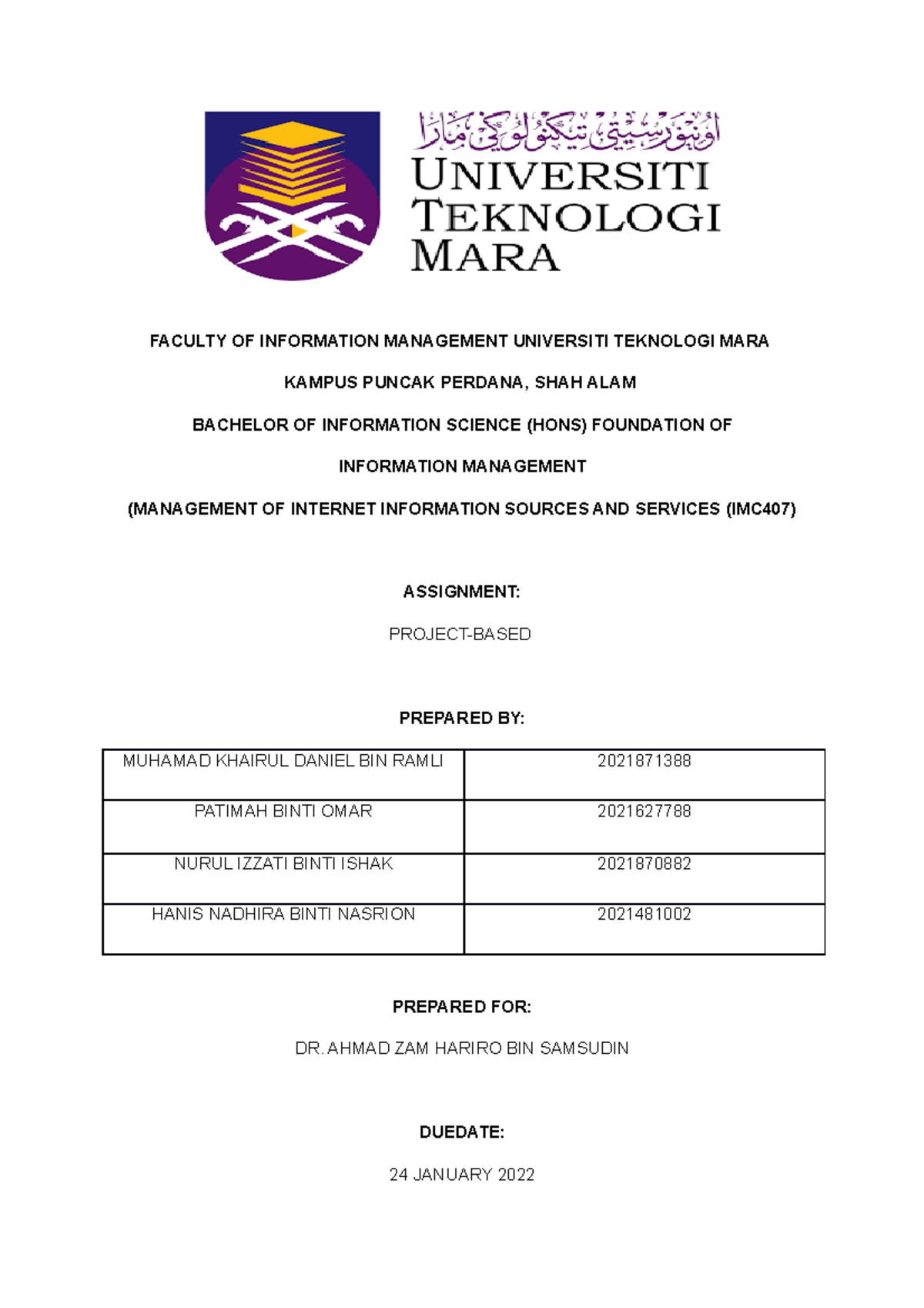 Report Assingment 3 IMC407 - FACULTY OF INFORMATION MANAGEMENT UNIVERSITI TEKNOLOGI MARA KAMPUS ...