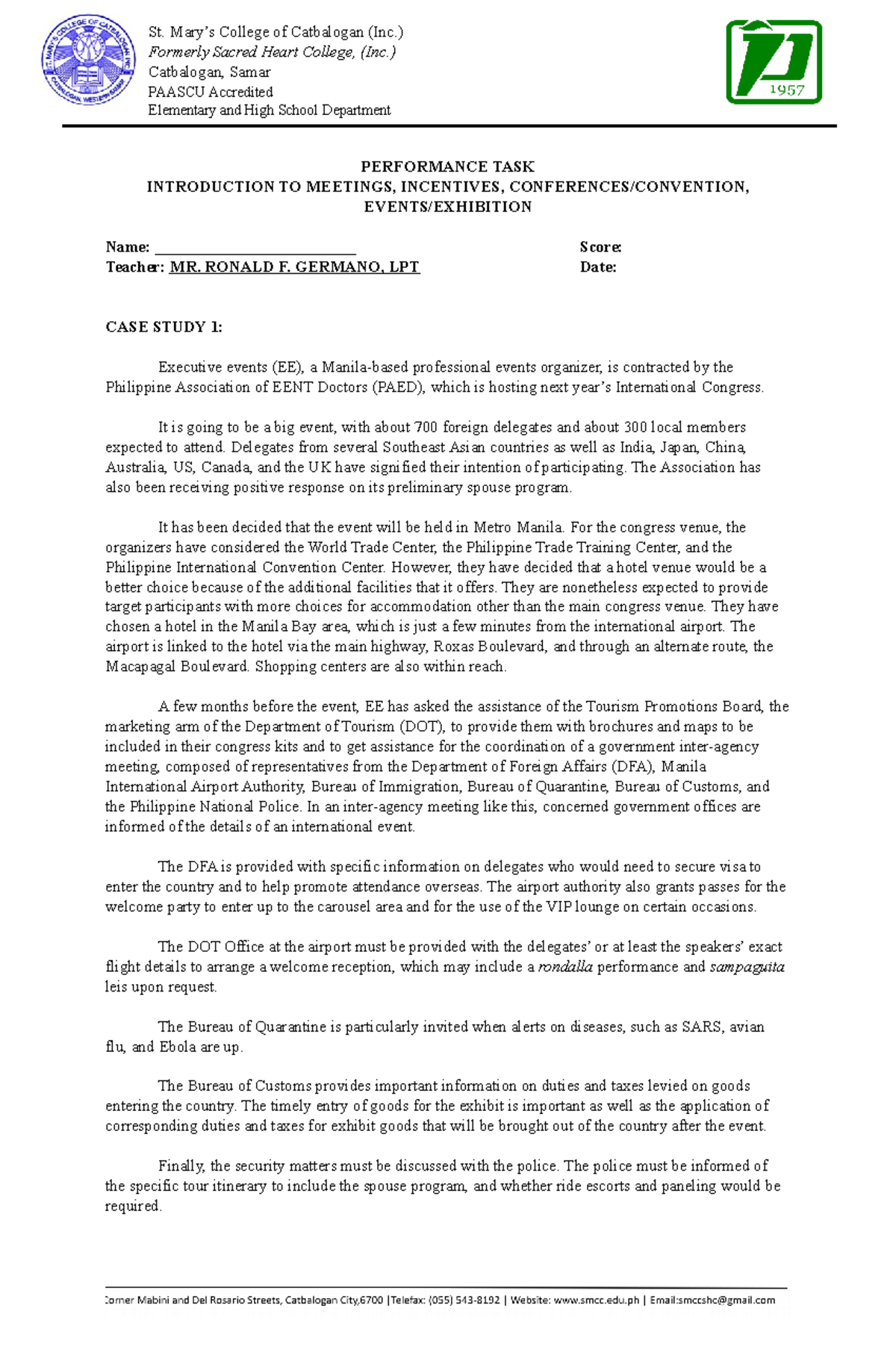 Performance TASK MICE - PERFORMANCE TASK INTRODUCTION TO MEETINGS ...