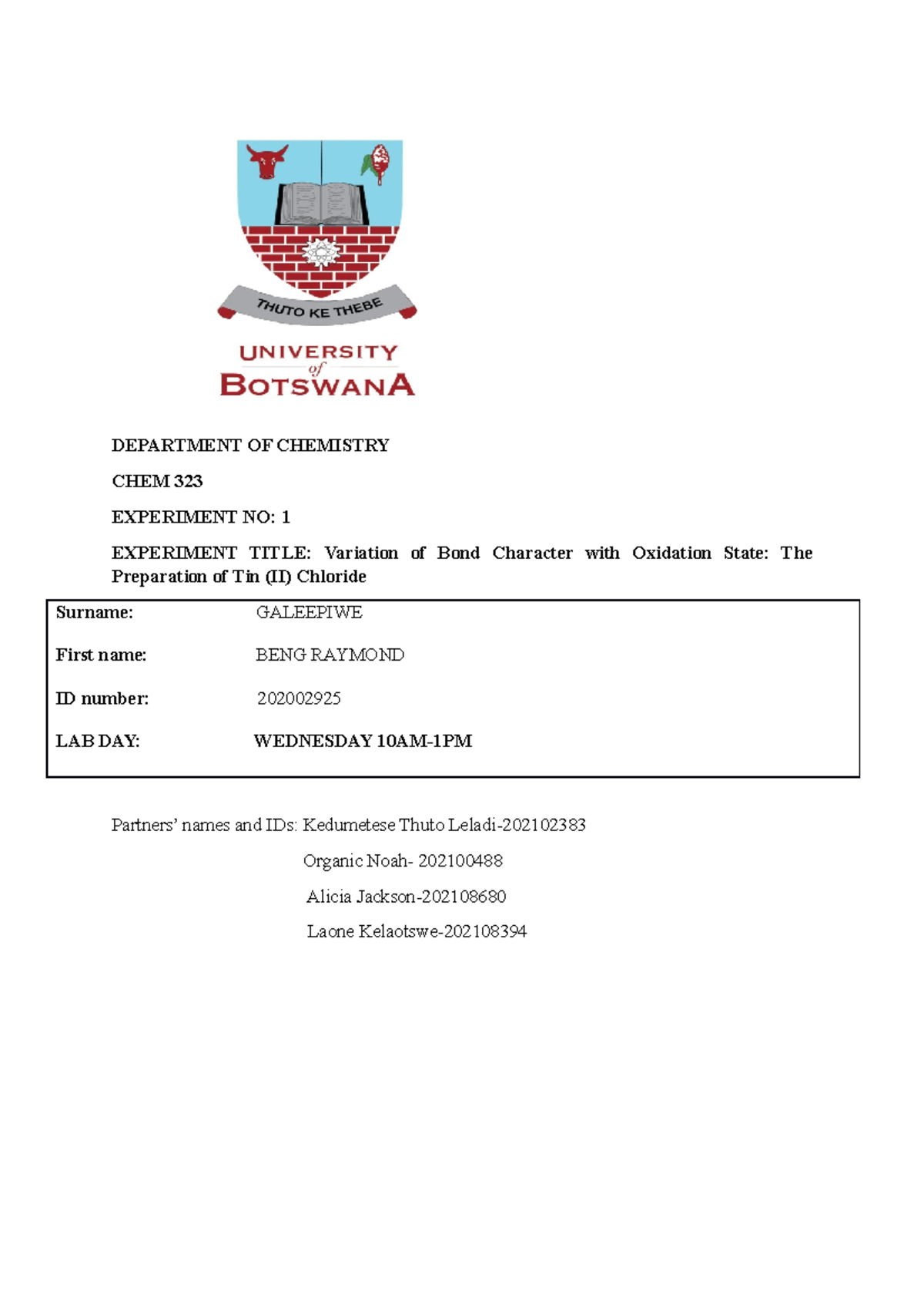 Experiment 1 2023 - DEPARTMENT OF CHEMISTRY CHEM 323 EXPERIMENT NO: 1 ...