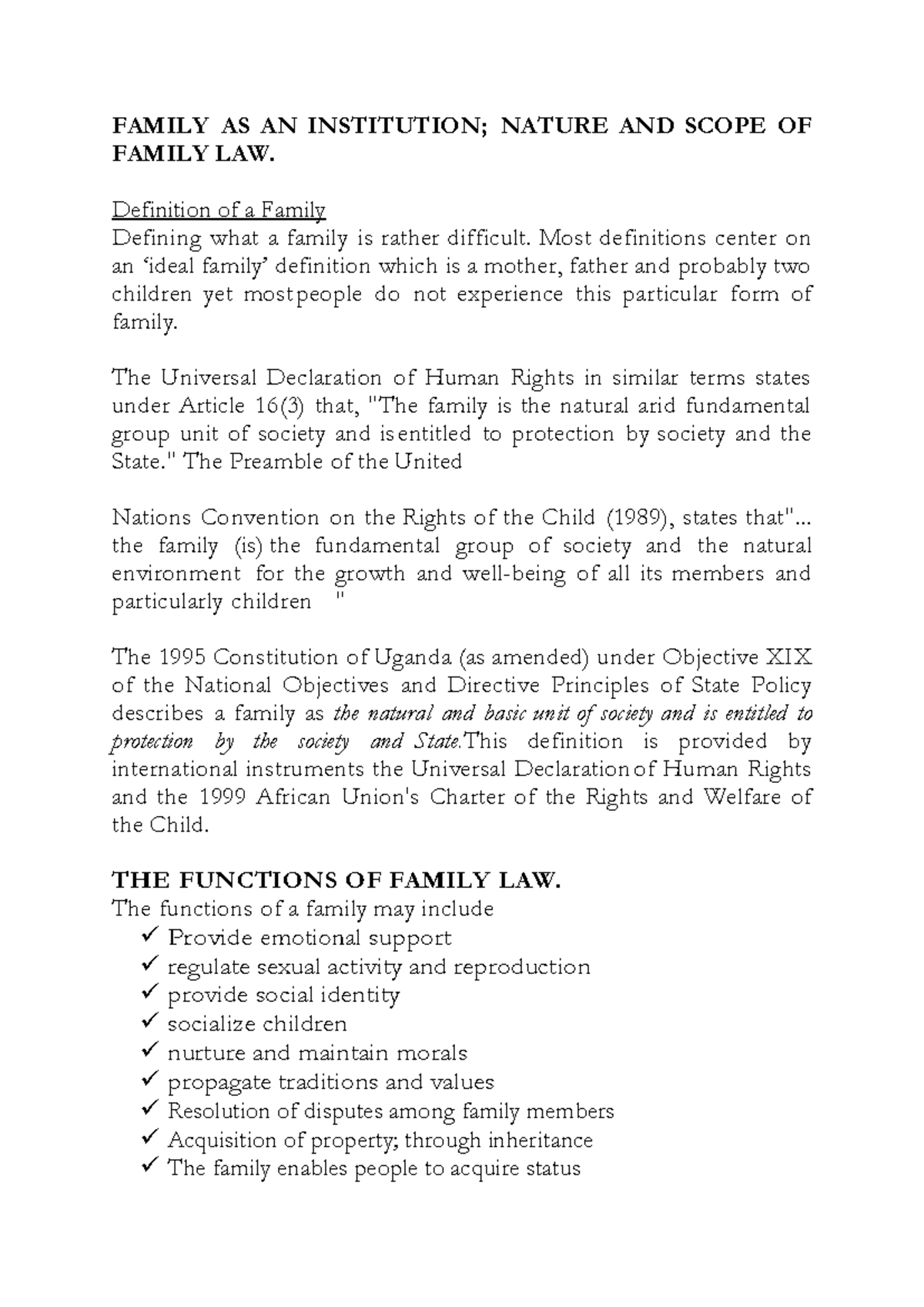 Family Law Notes by Alex Bawaye pdf - FAMILY AS AN INSTITUTION; NATURE ...