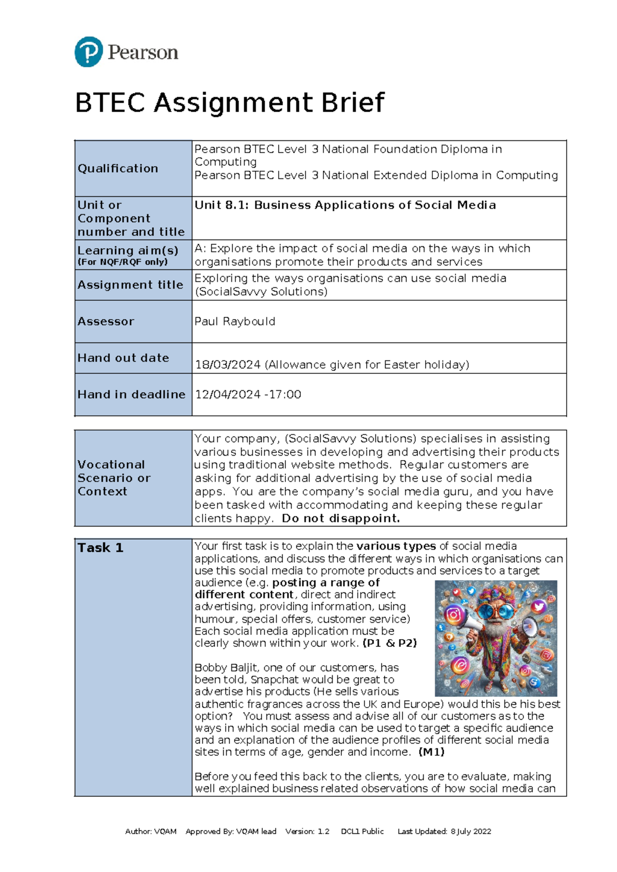 BTEC Assignment Brief 8.1 - Social Media - BTEC Assignment Brief Qualification Pearson BTEC ...