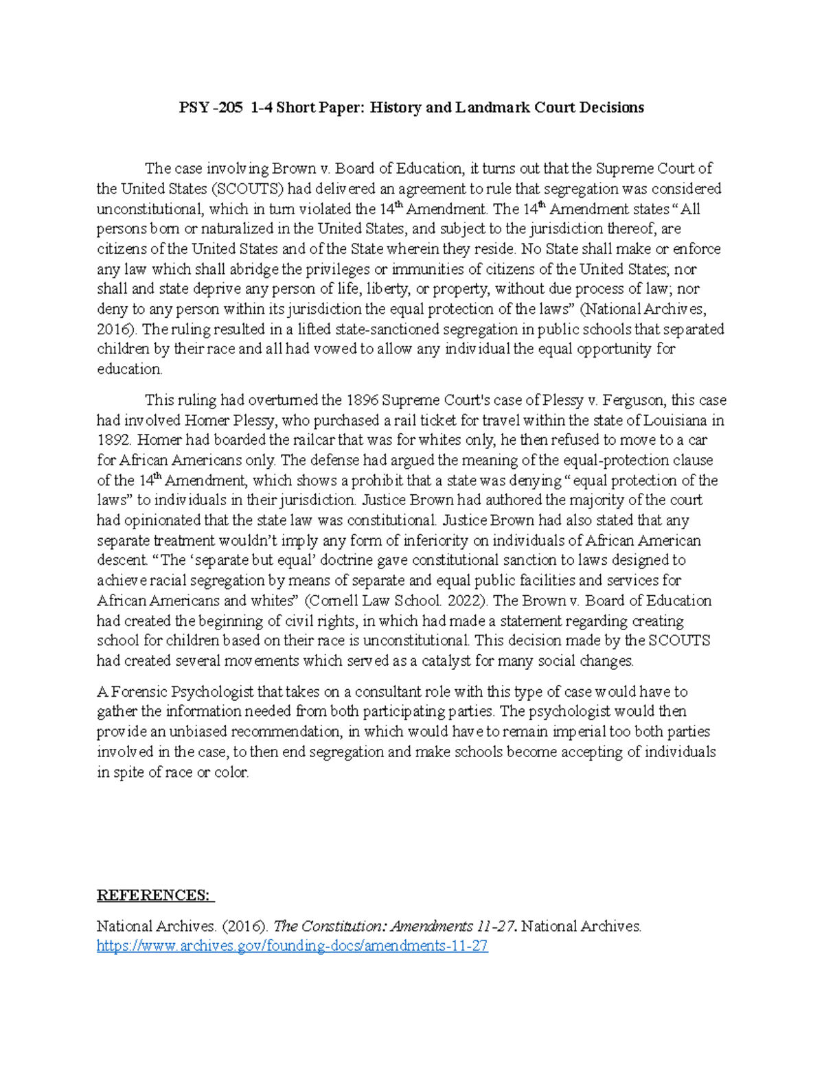 PSY 205 1-4 Short Paper - History and Landmark Court Decisions ...
