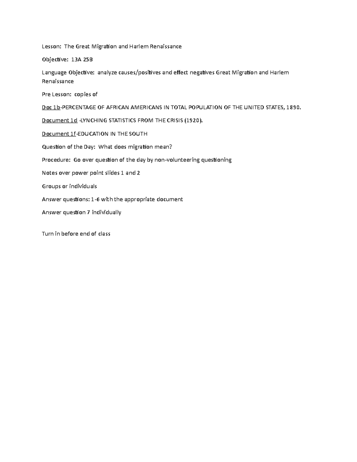 Great Migration Questions - Lesson: The Great Migration and Harlem ...