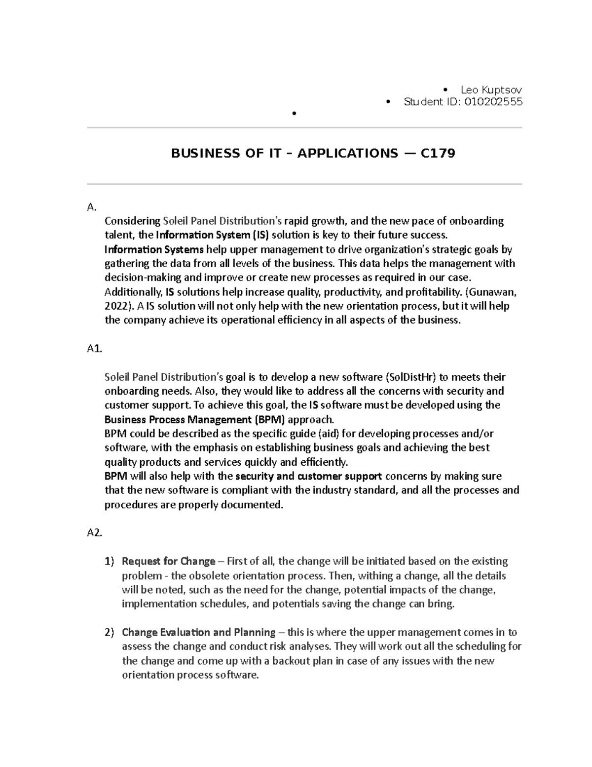 Business of IT - Applications (C179) Task 1 - Leo Kuptsov Student ID: 010202555 D BUSINESS OF ...