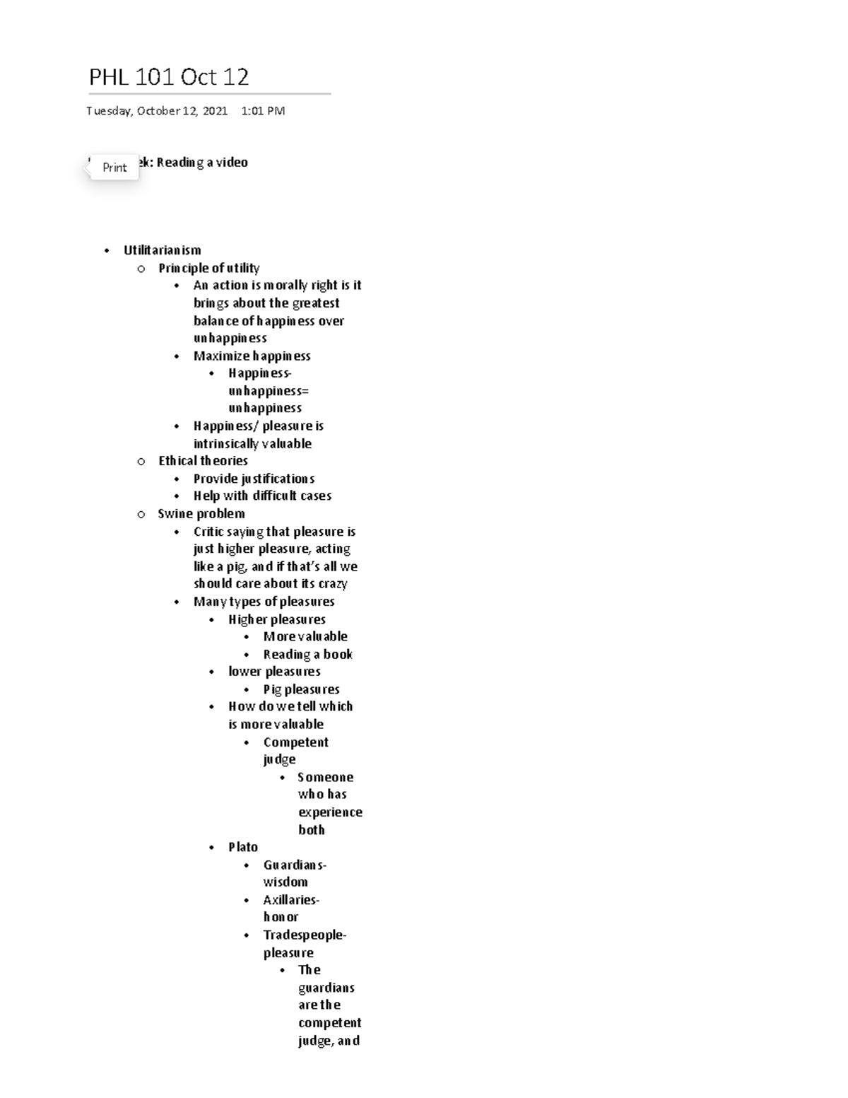 Oct 12 - lecture notes for PHL 101 - PHL 101 Oct 12 Tuesday, October 12 ...