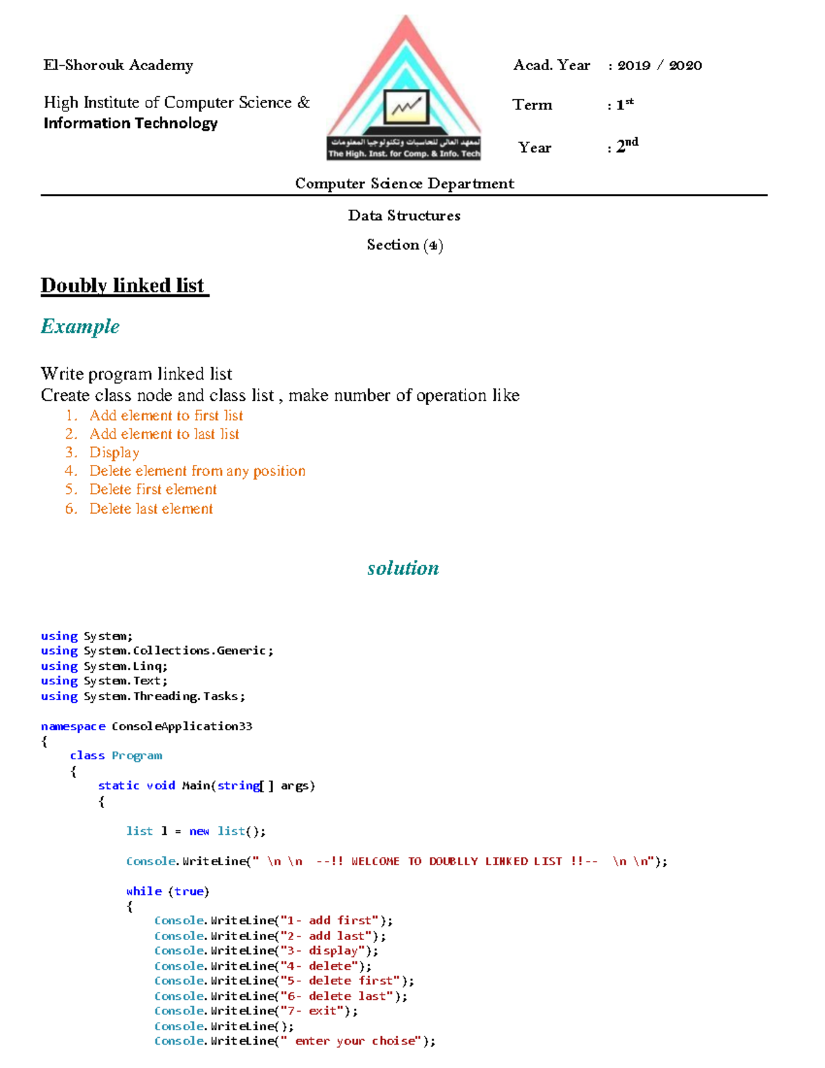 Section 5 - El-Shorouk Academy Acad. Year : 2019 / 2020 High Institute ...