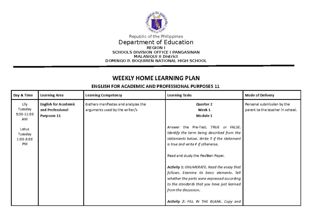 WHLP Quarter 2 EAPP 11 - Weekly Home Learning Plan - Department of Education REGION I SCHOOLS ...