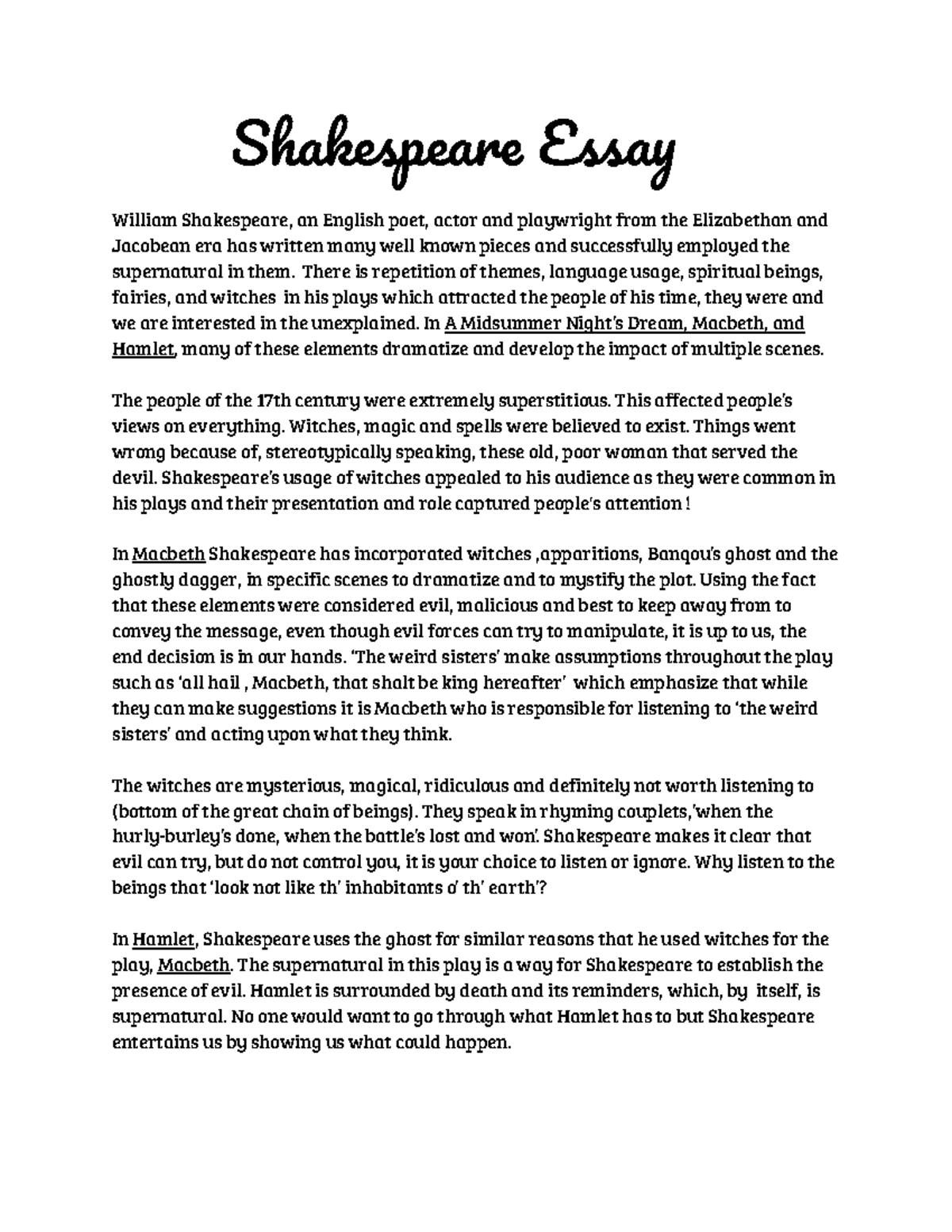 Shakespeare Essay - Shakespear Essa William Shakespeare, an English ...
