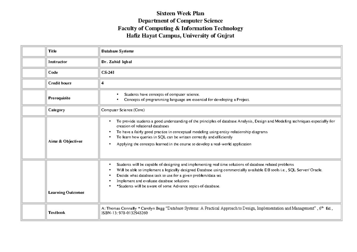 CS DB 16 Weeks Plan - Sixteen Week Plan Department of Computer Science ...