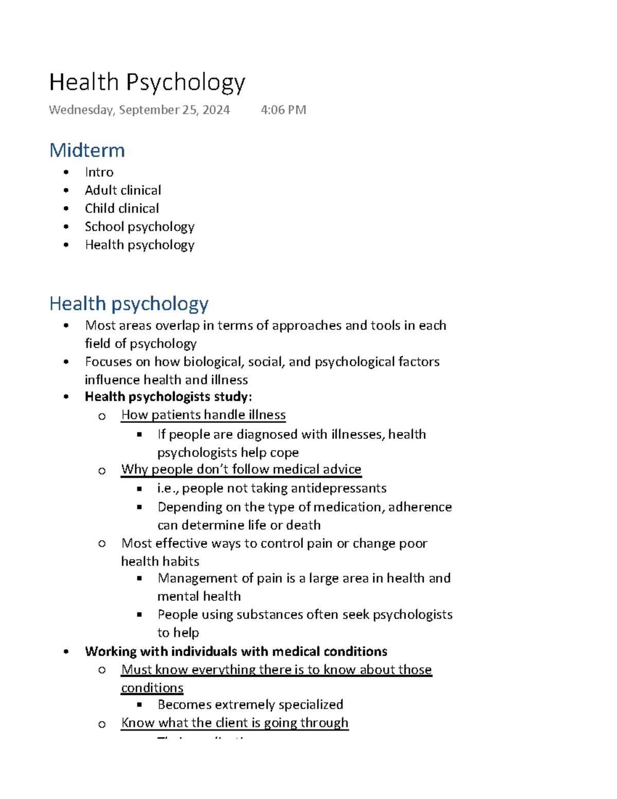 Health Psychology - Lecture 4 - Midterm Intro Adult clinical Child ...