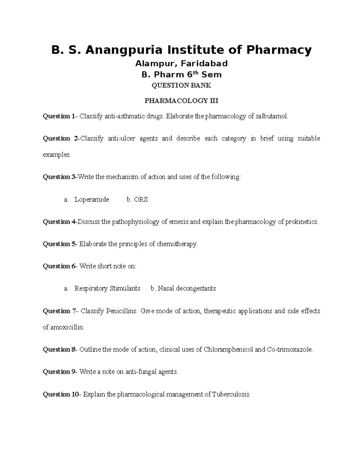 Pharmacology III Assignment-1 - B. S. Anangpuria Institute of Pharmacy ...
