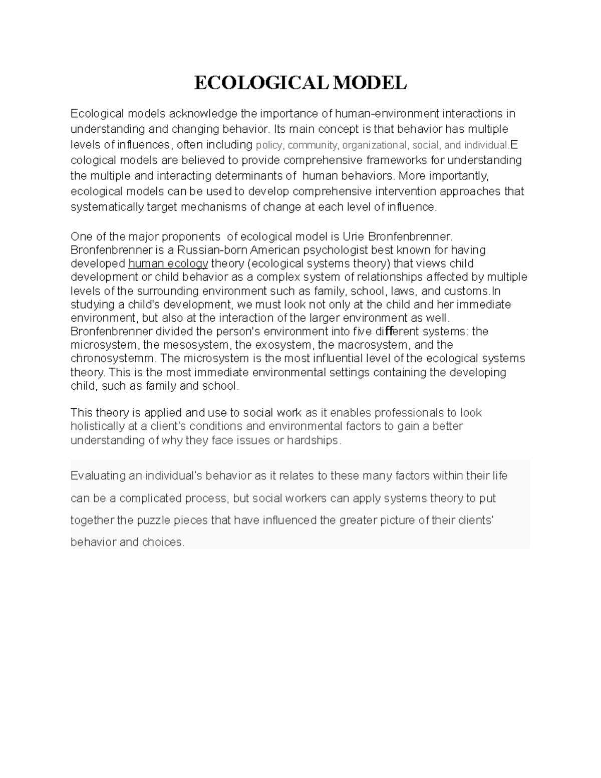 Ecological Model - ECOLOGICAL MODEL Ecological models acknowledge the ...