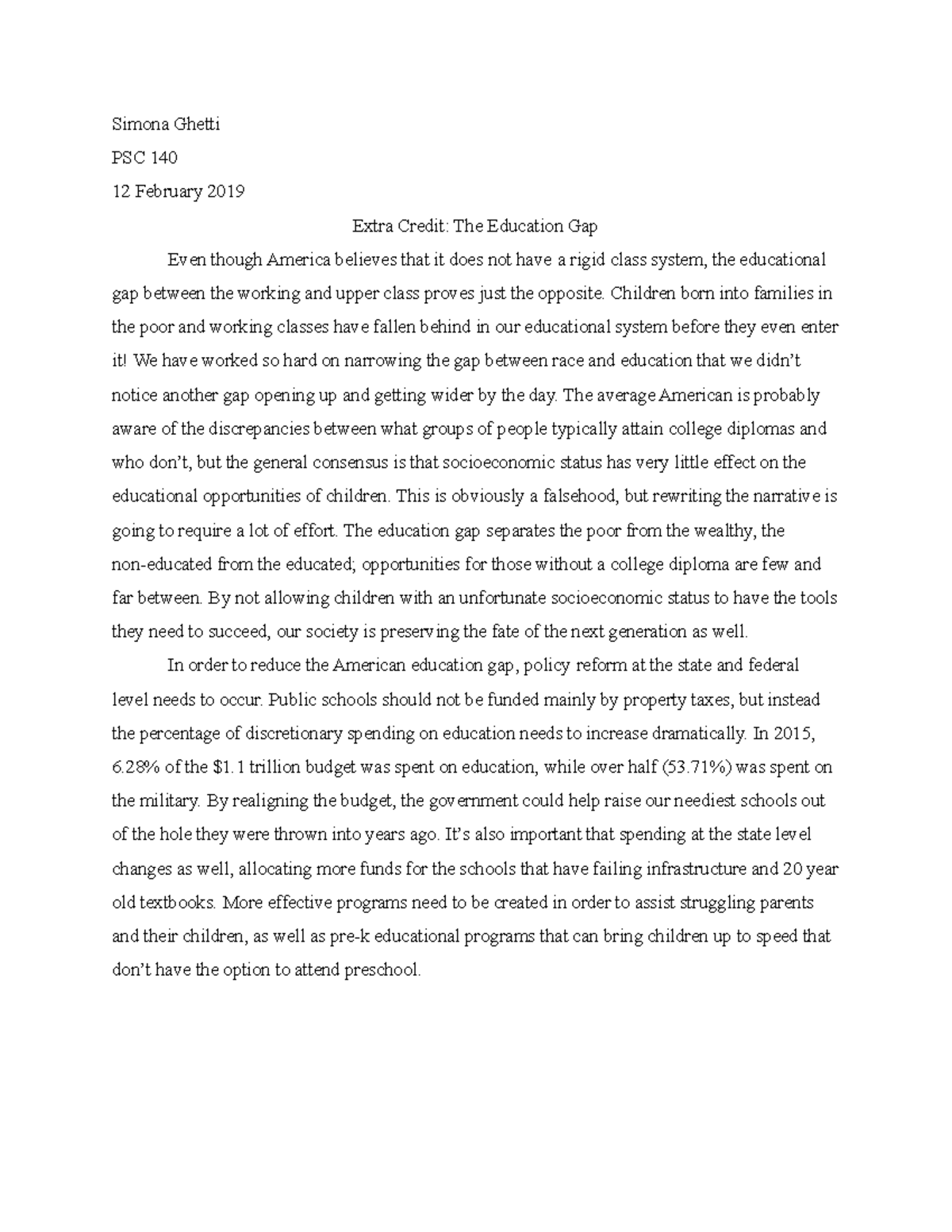 PSC 140 - Extra Credit (education gap) - Simona Ghetti PSC 140 12 ...