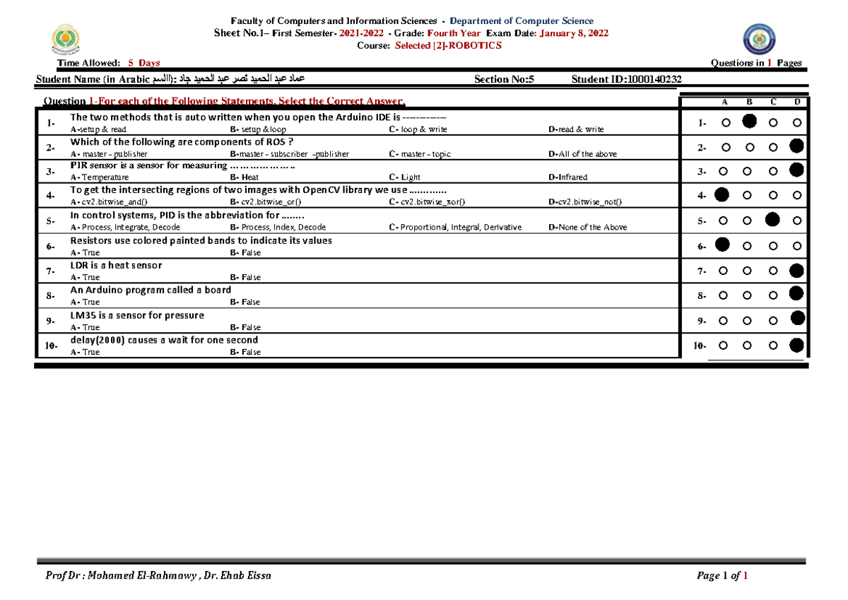 Robotics Sheet notes - Time Allowed: 5 Days Faculty of Computers and ...