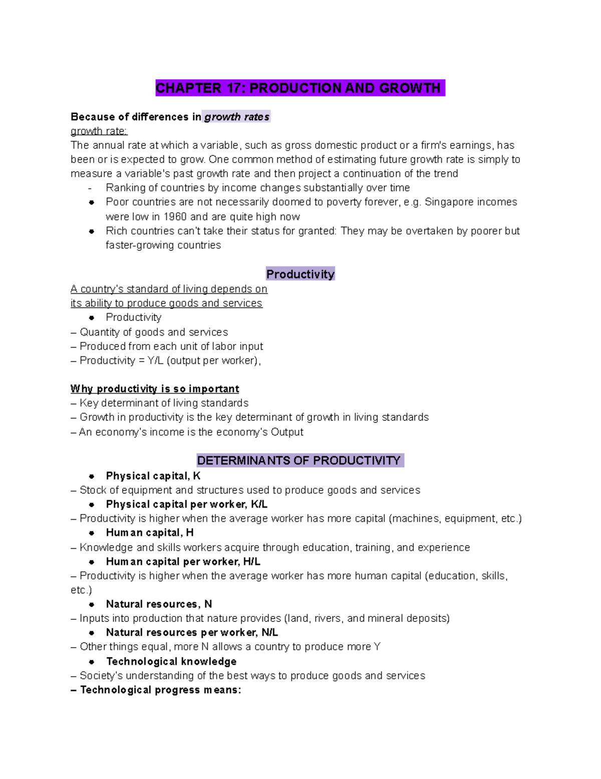 Final Chapter 17 - notes on production and growth - CHAPTER 17 ...