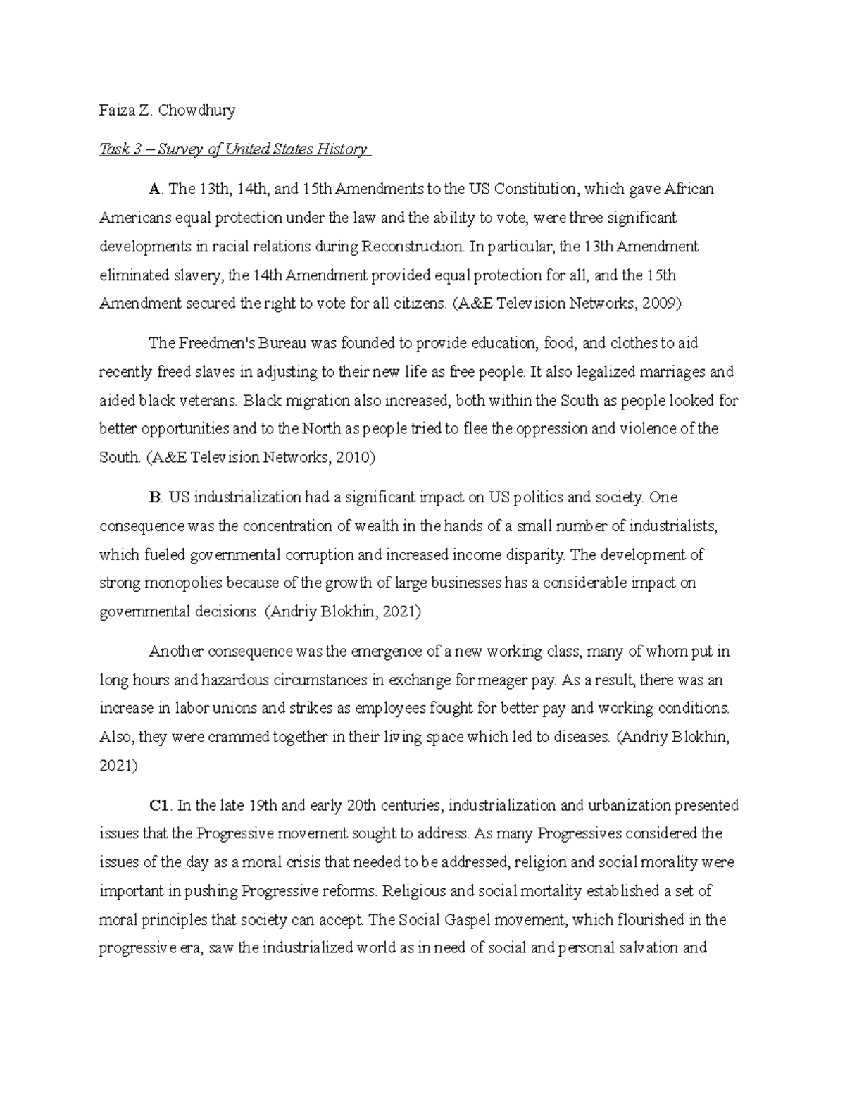 Task 3 Survey of US History - Faiza Z. Chowdhury Task 3 – Survey of ...