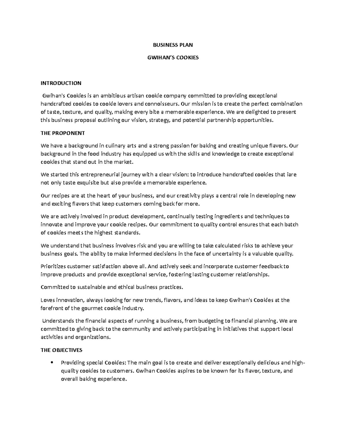 Business-plan - Good - BUSINESS PLAN GWIHAN’S COOKIES INTRODUCTION ...