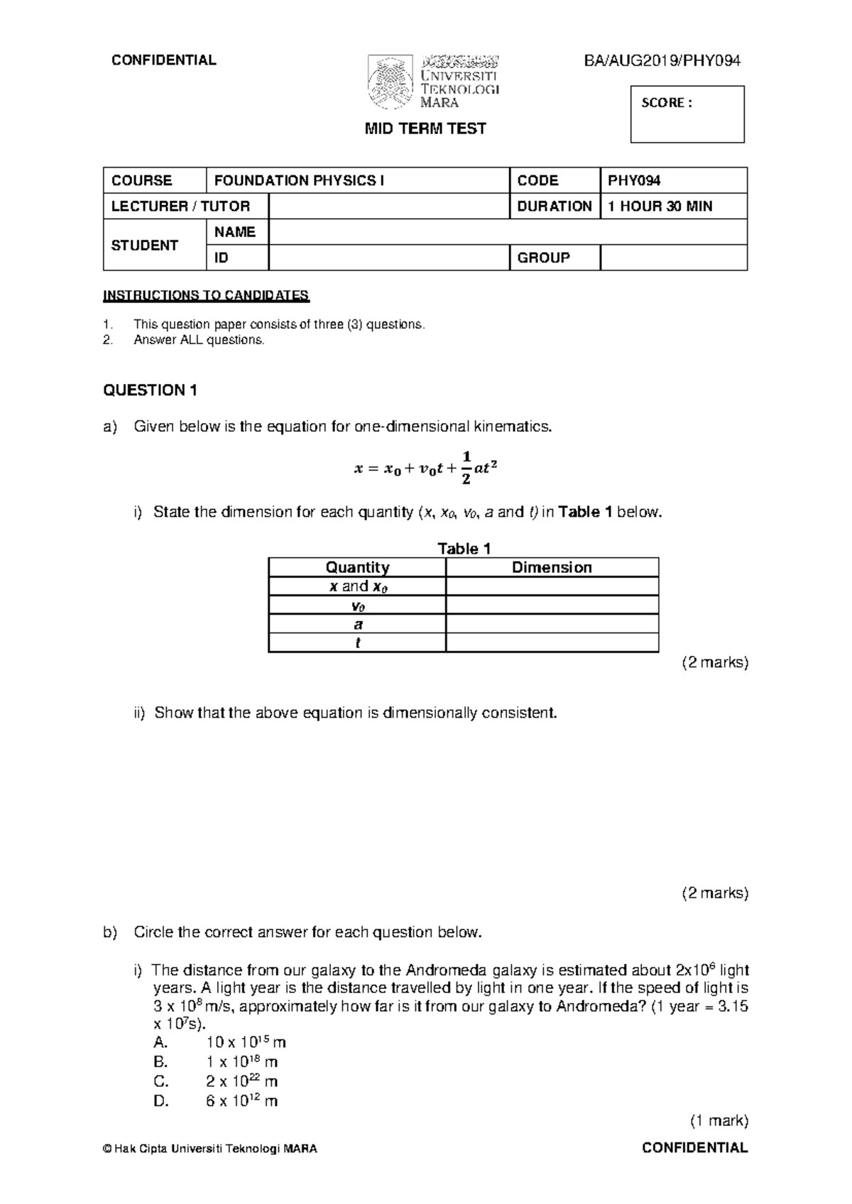 Test PHY094 2019 - MID TERM TEST INSTRUCTIONS TO CANDIDATES This ...