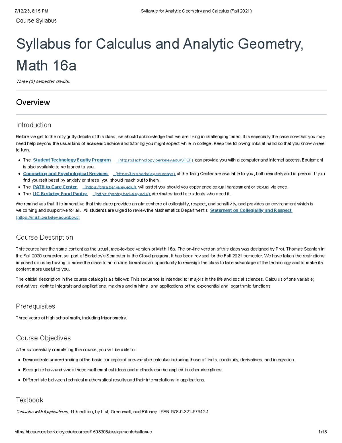 Syllabus For Analytic Geometry And Calculus Fall 2021 Course Syllabus Syllabus For Calculus