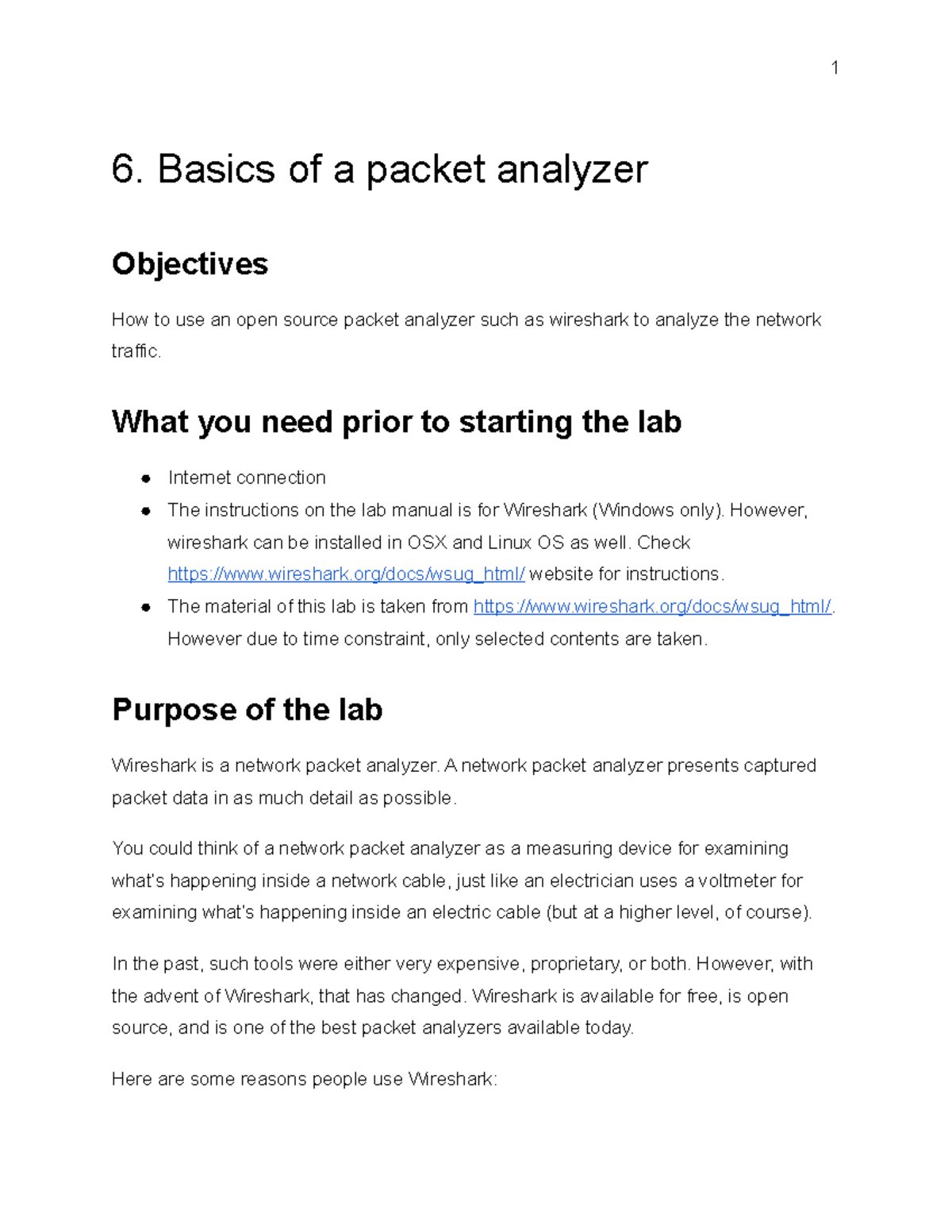 6 Basics of a packet analyzer - 6. Basics of a packet analyzer Objectives How to use an open ...