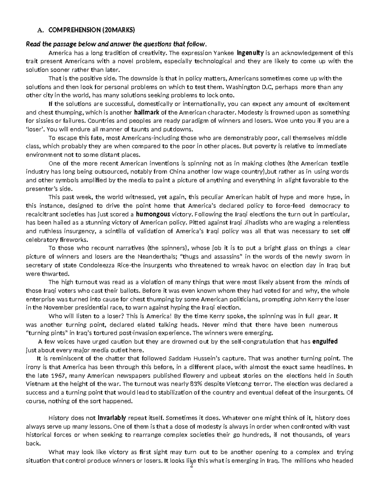 Comprehension - Lecture notes - A. COMPREHENSION (20MARKS) Read the ...