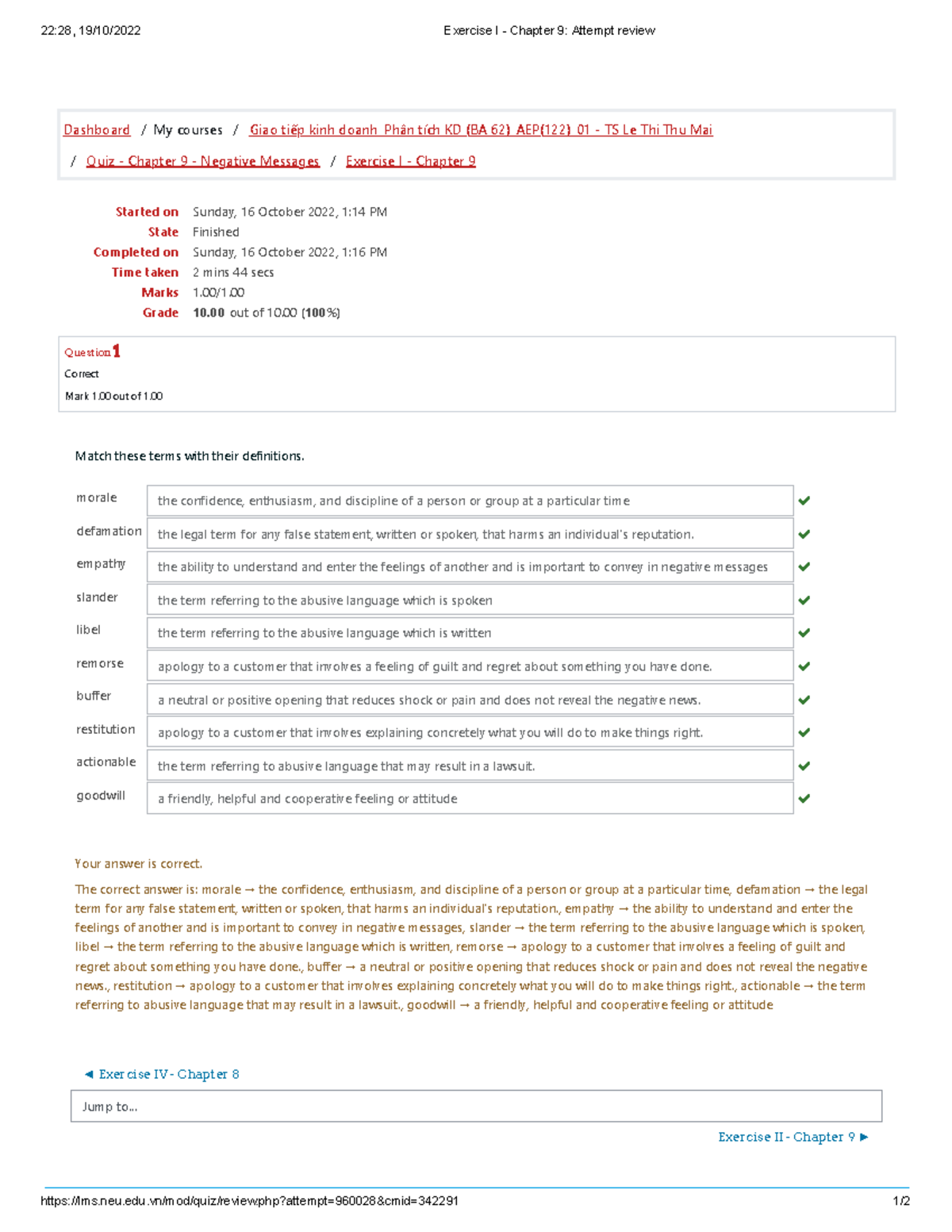 Exercise I - Chapter 9 Attempt review - 22:28, 19/10/2022 Exercise I ...