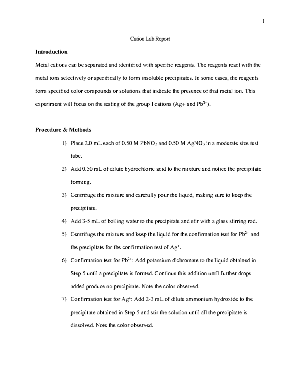 Cation Lab Report - Instructor: Thaddeus Gish - 1 Cation Lab Report ...
