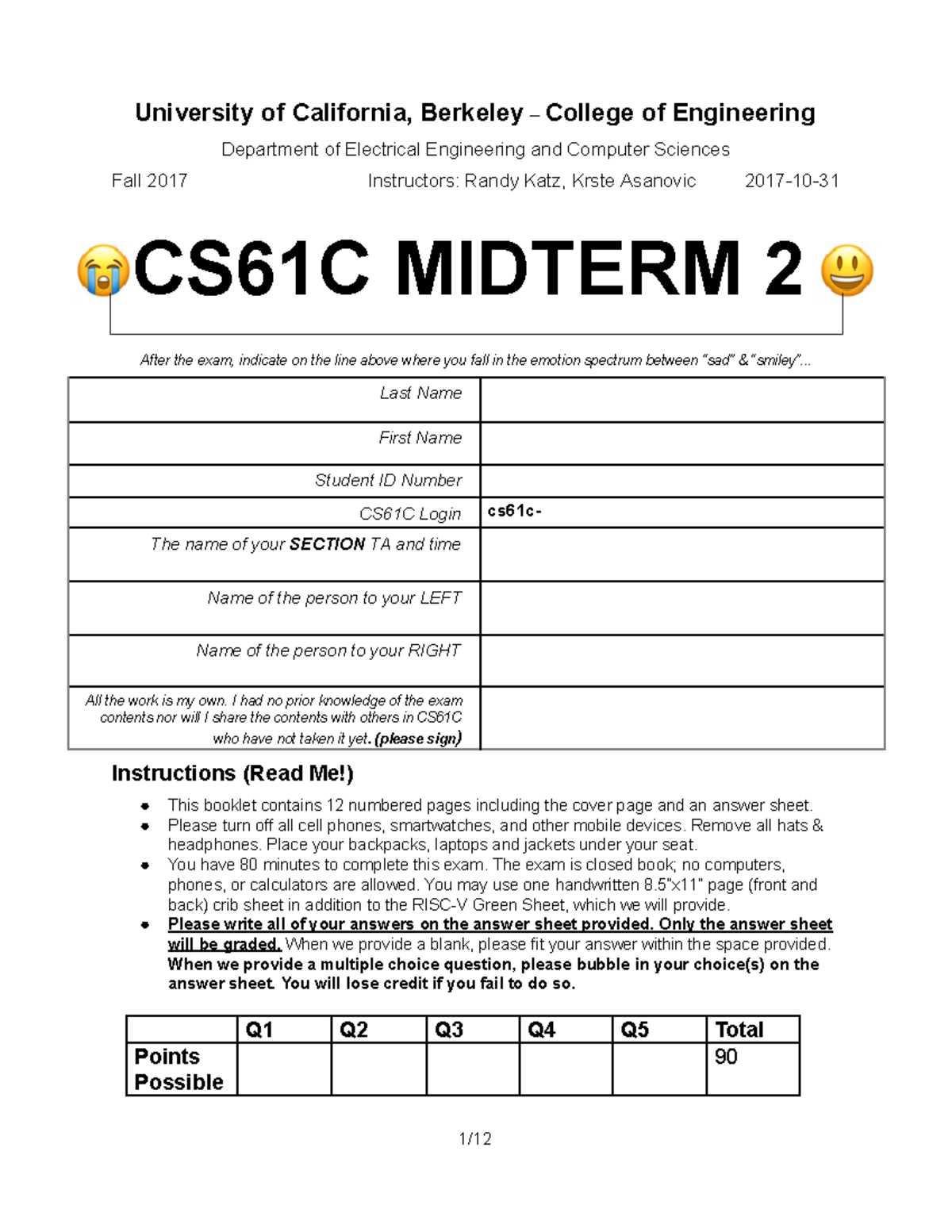 Fa17 MT2 Blank - exam - University of California, Berkeley – - Studocu