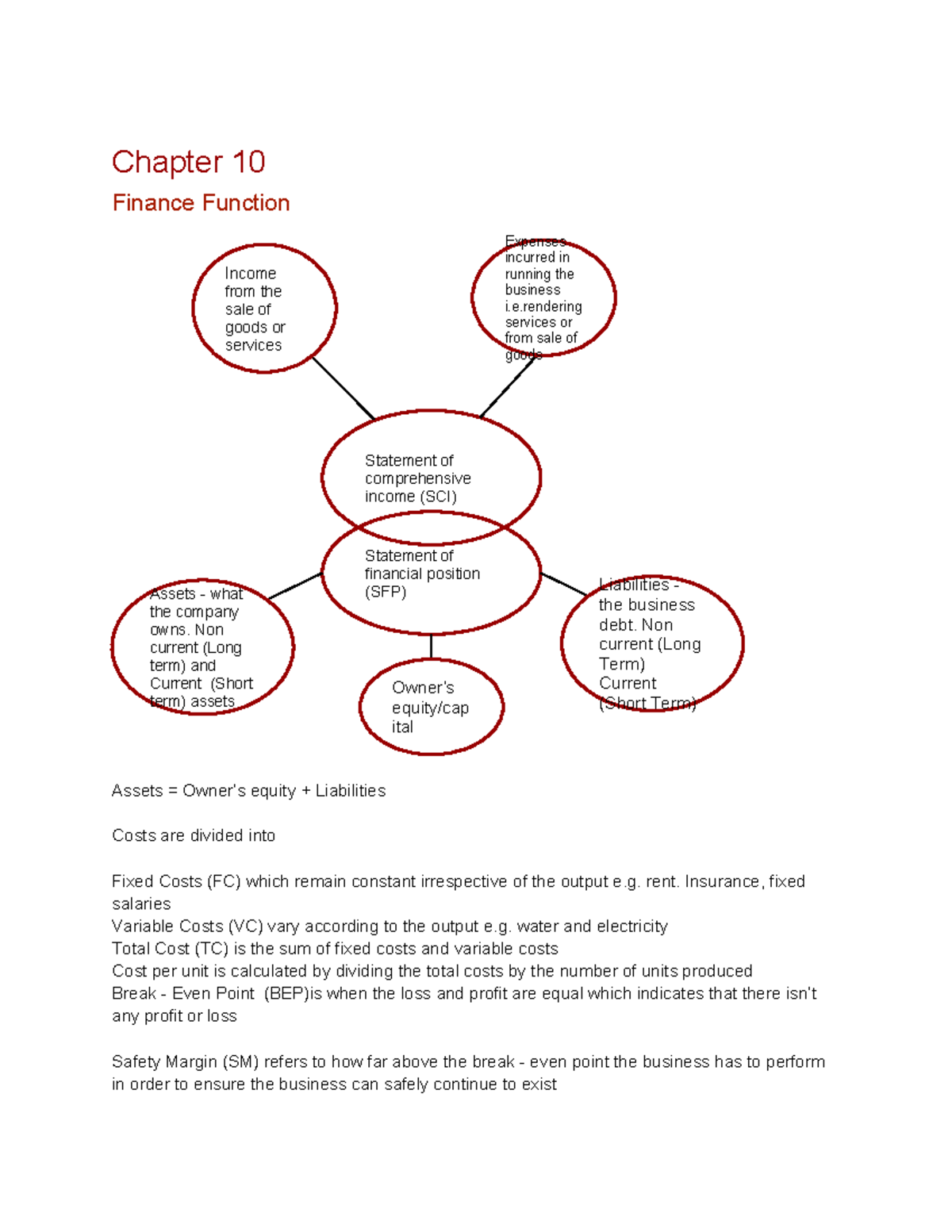 Chapter 10 - Chapter 10 Finance Function Assets = Owner’s equity + Liabilities Costs are divided ...
