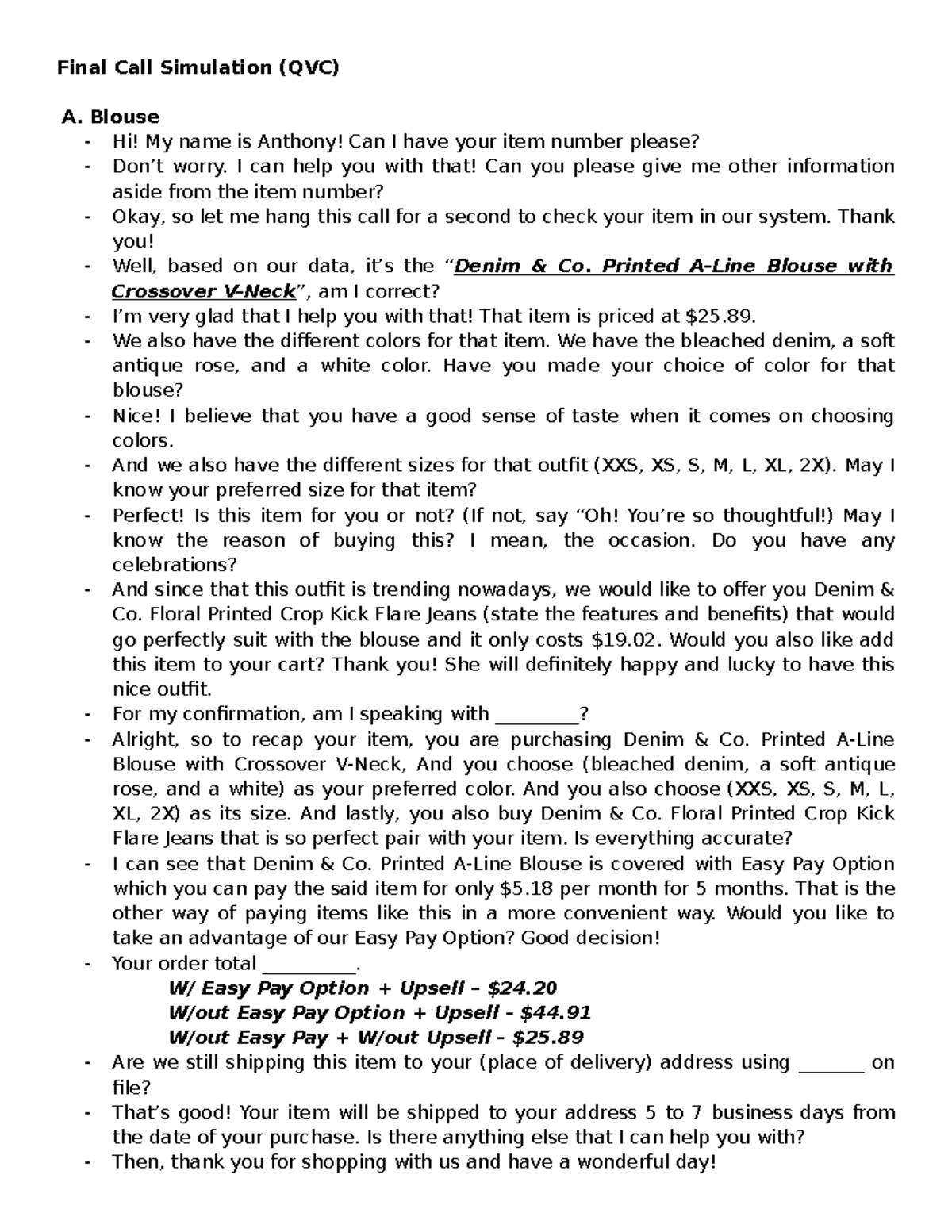 Final Call Simulation - Reference only - Final Call Simulation (QVC) A ...