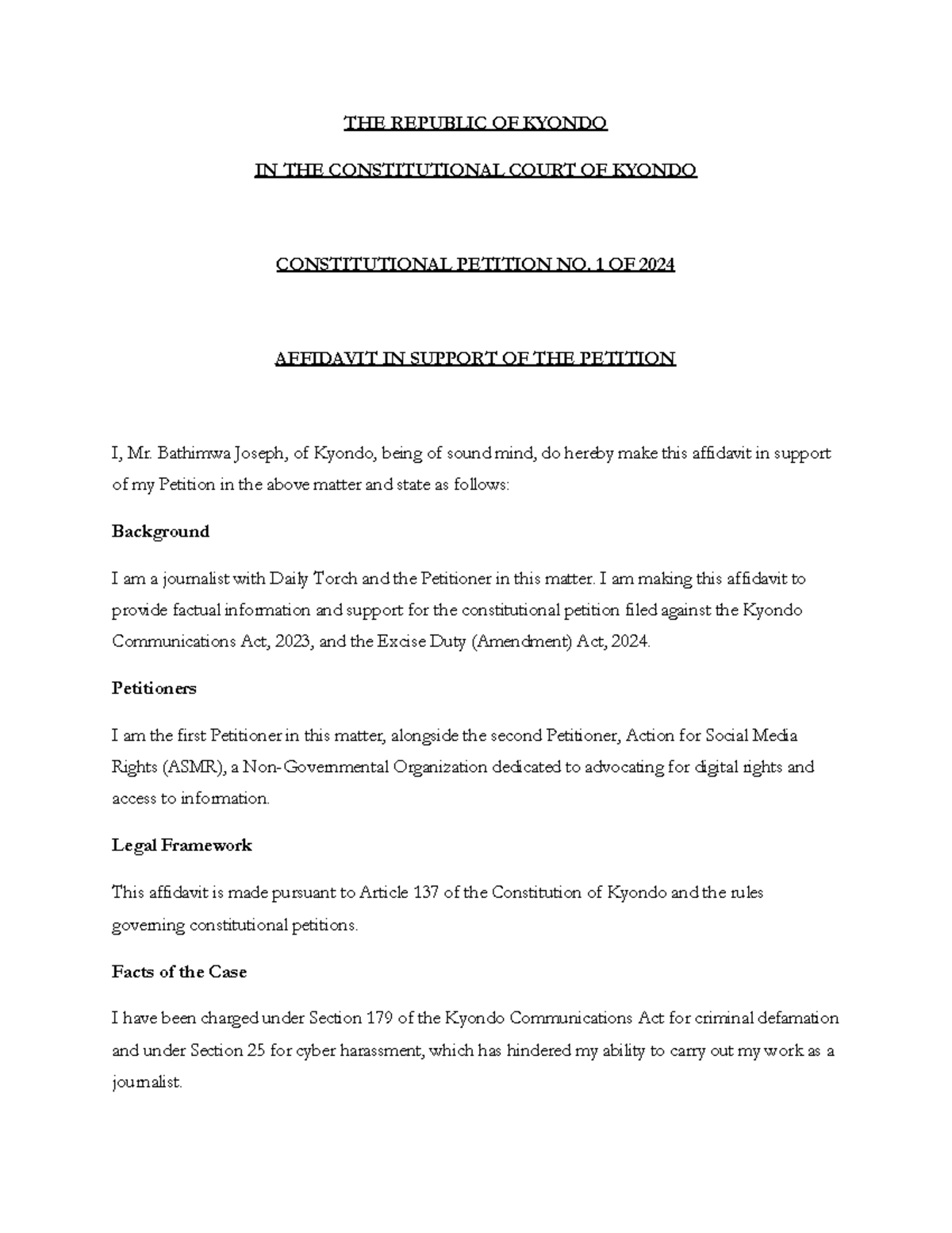 Affidavit FOR THE Petitioners - THE REPUBLIC OF KYONDO IN THE ...