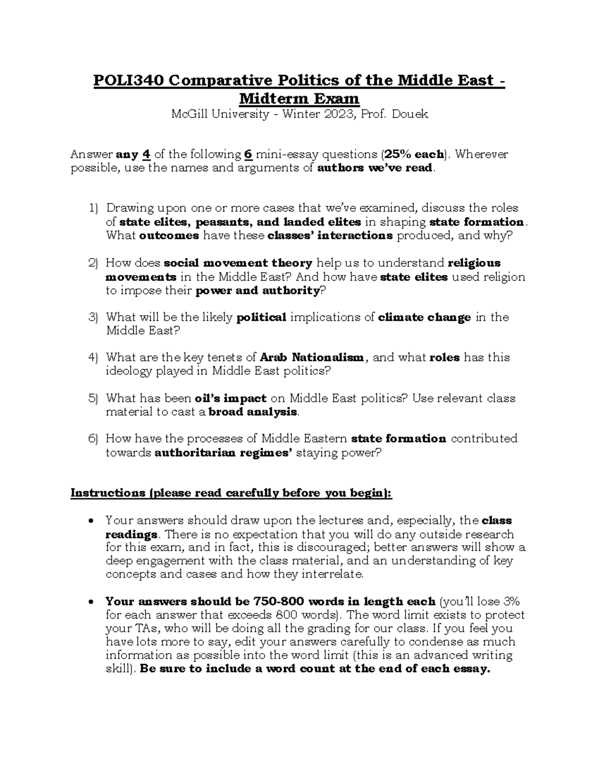 Midterm Exam - POLI340 - Winter 2023 - POLI340 Comparative Politics of ...