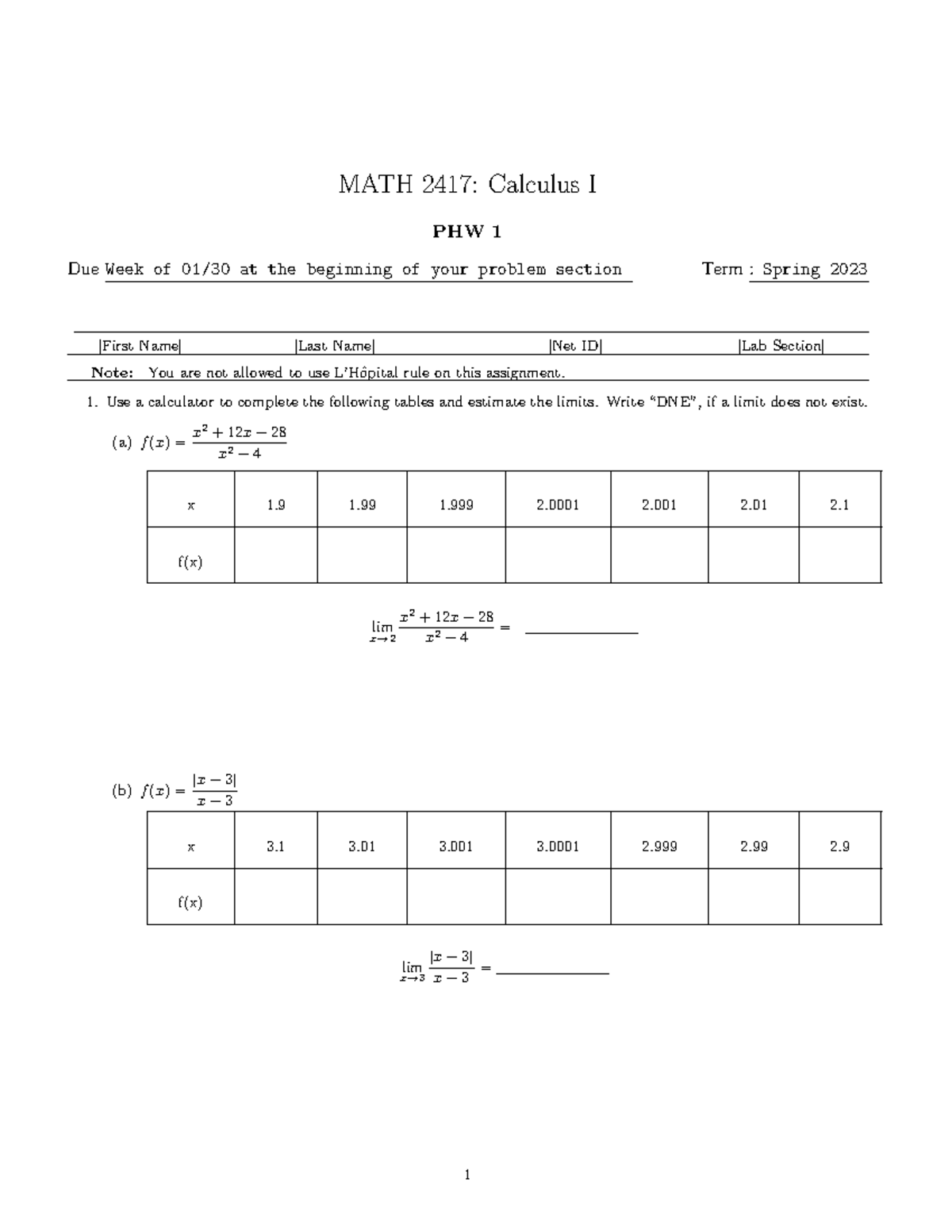 PHW 1 - PHW - MATH 2417: Calculus I PHW 1 Due Week of 01/30 at the ...
