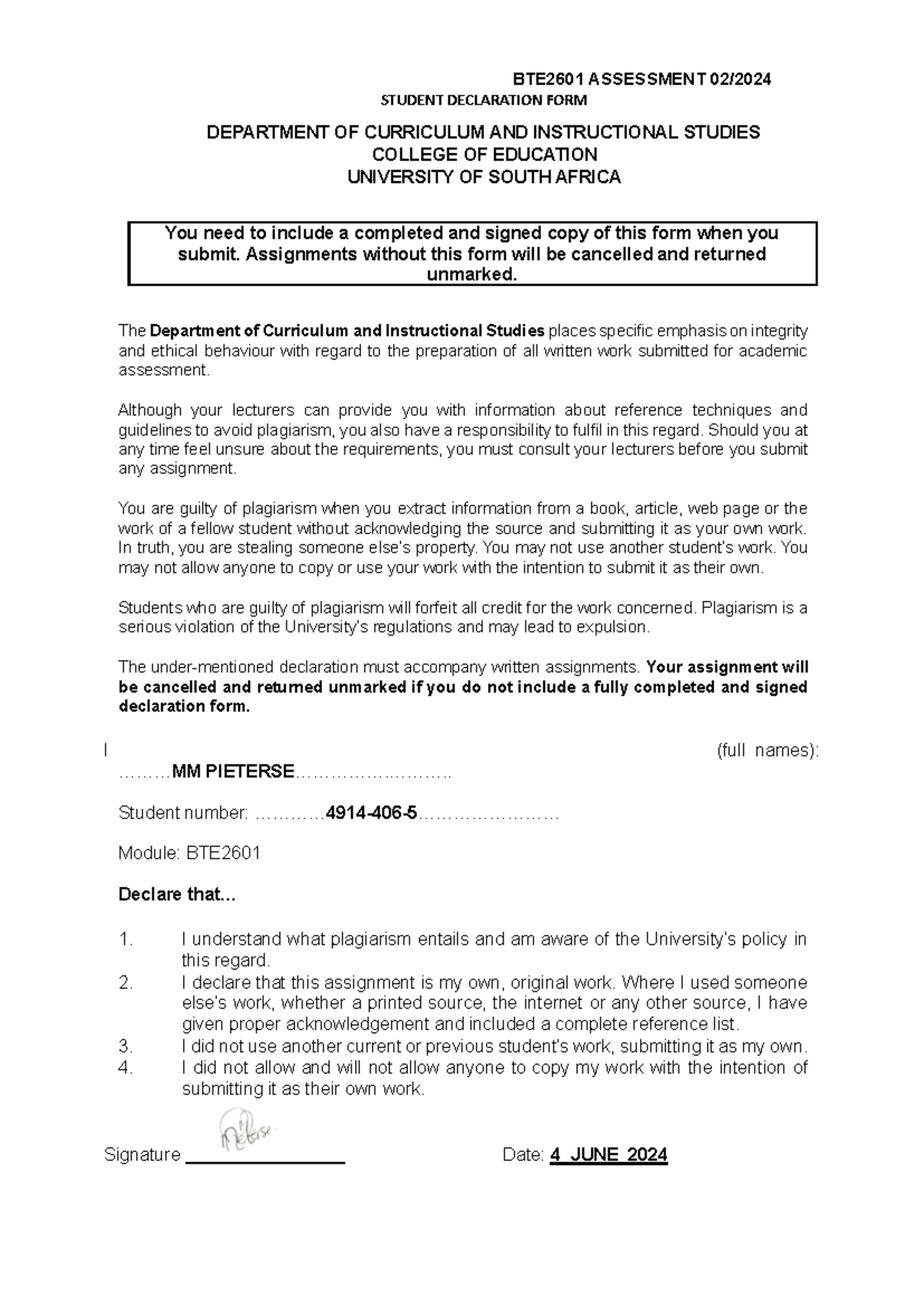 BTE2601 Assignment Number 02 2024 - STUDENT DECLARATION FORM DEPARTMENT OF CURRICULUM AND - Studocu