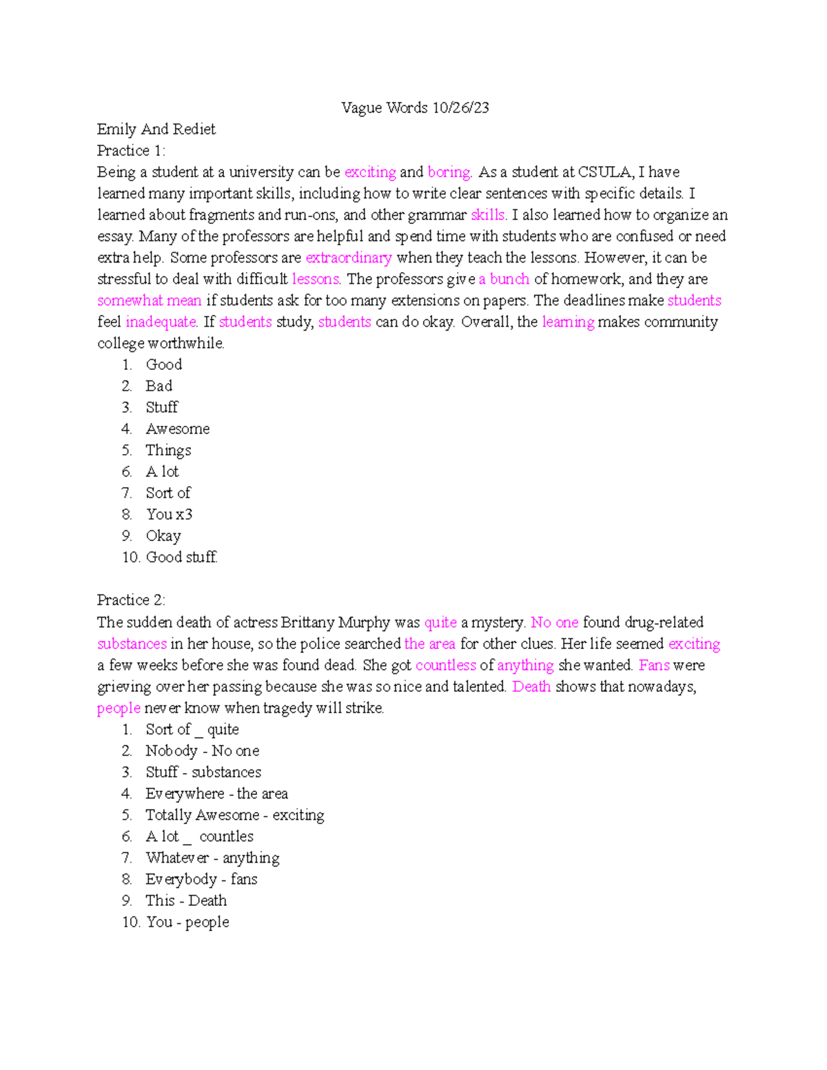 Vague Words practice - Vague Words 10/26/ Emily And Rediet Practice 1 ...