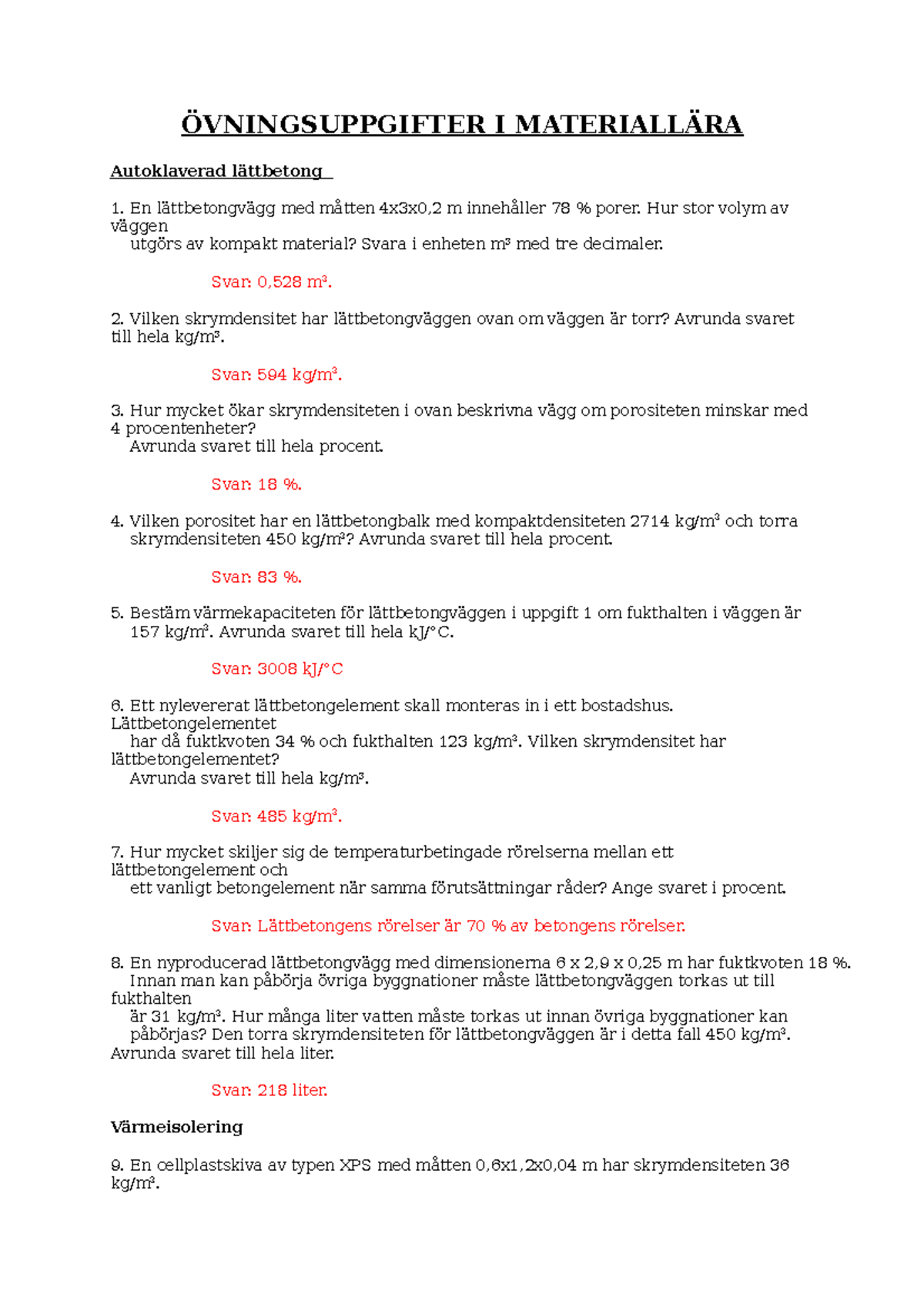 Pass 2 Lättbetong och värmeisolering, övningsuppgifter med svar - I ...