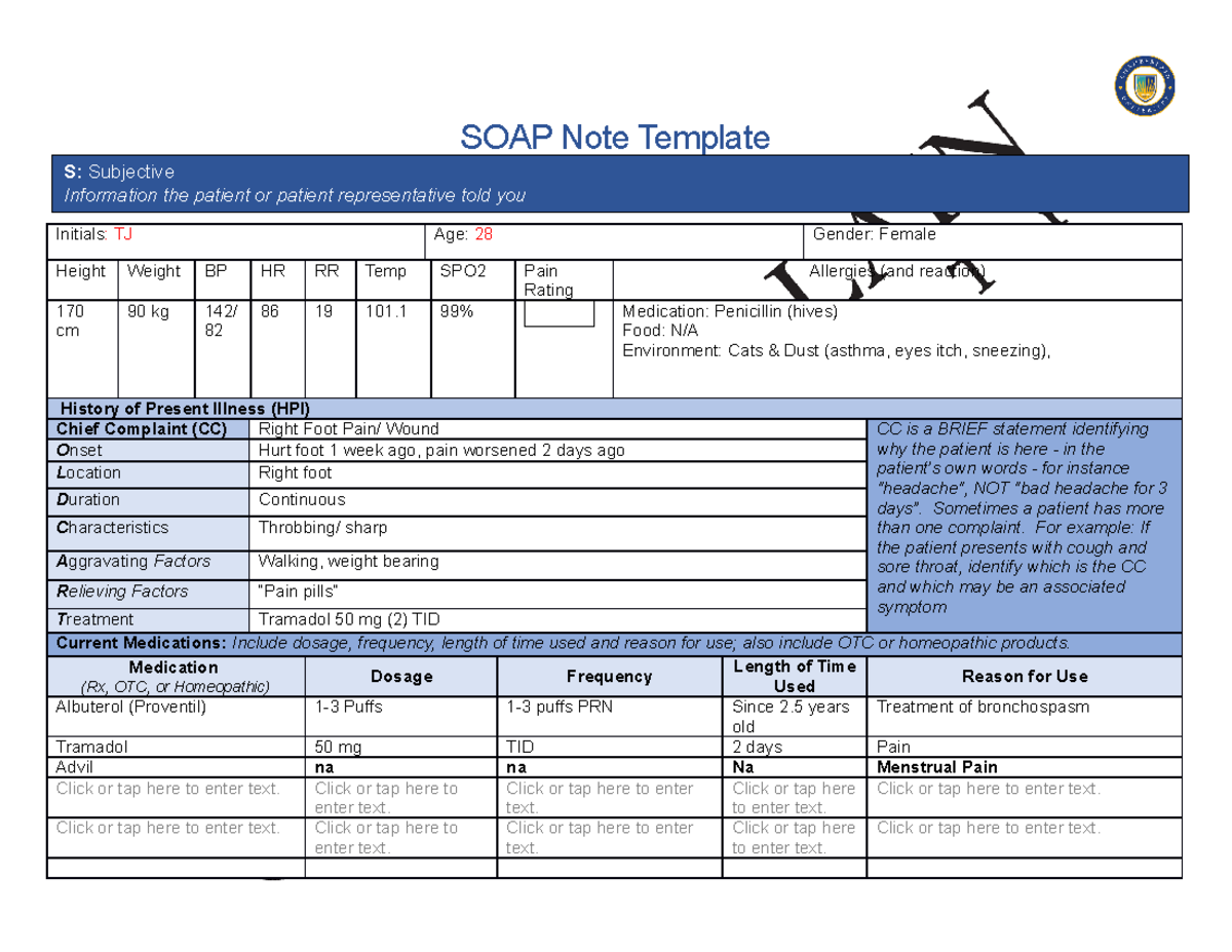 NR 509 SOAP Note Week 1 - SOAP Note Template Initials: TJ Age: 28 ...