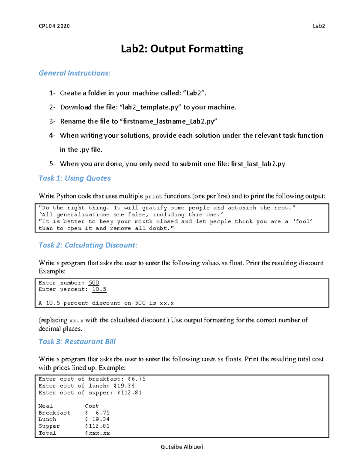 Lab2 CP104 Fall2020 - the lab instructions for the course with step by ...
