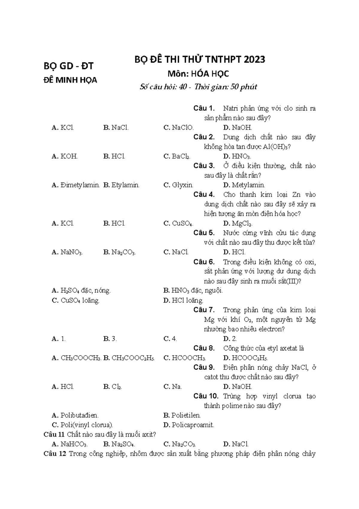 ĐỀ MINH HỌA 2023 - dfdv - B ỘGD - ĐT ĐỀỀ MINH H ỌA B Ộ ĐỀỀ THI TH ỬTNTHPT 2023 Môn: HÓA H ỌC Số ...