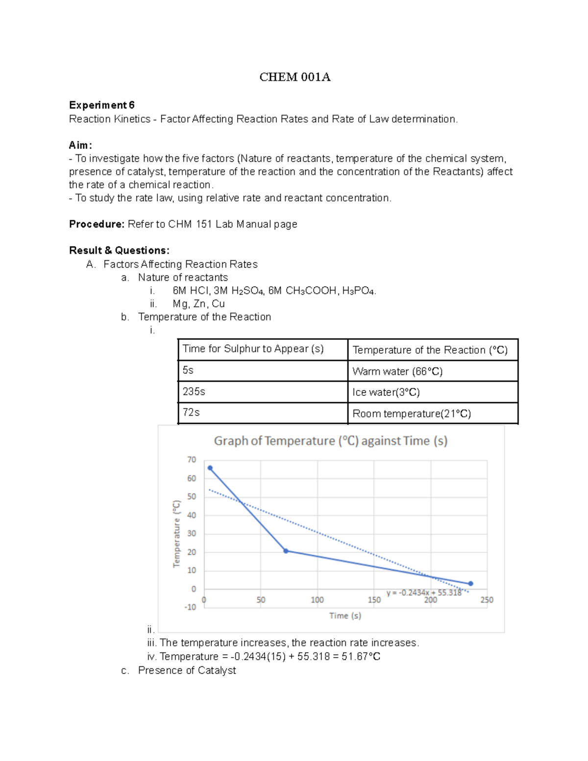 CHM 151 experiment 6 - Lab report - CHEM 001A Experiment 6 Reaction ...