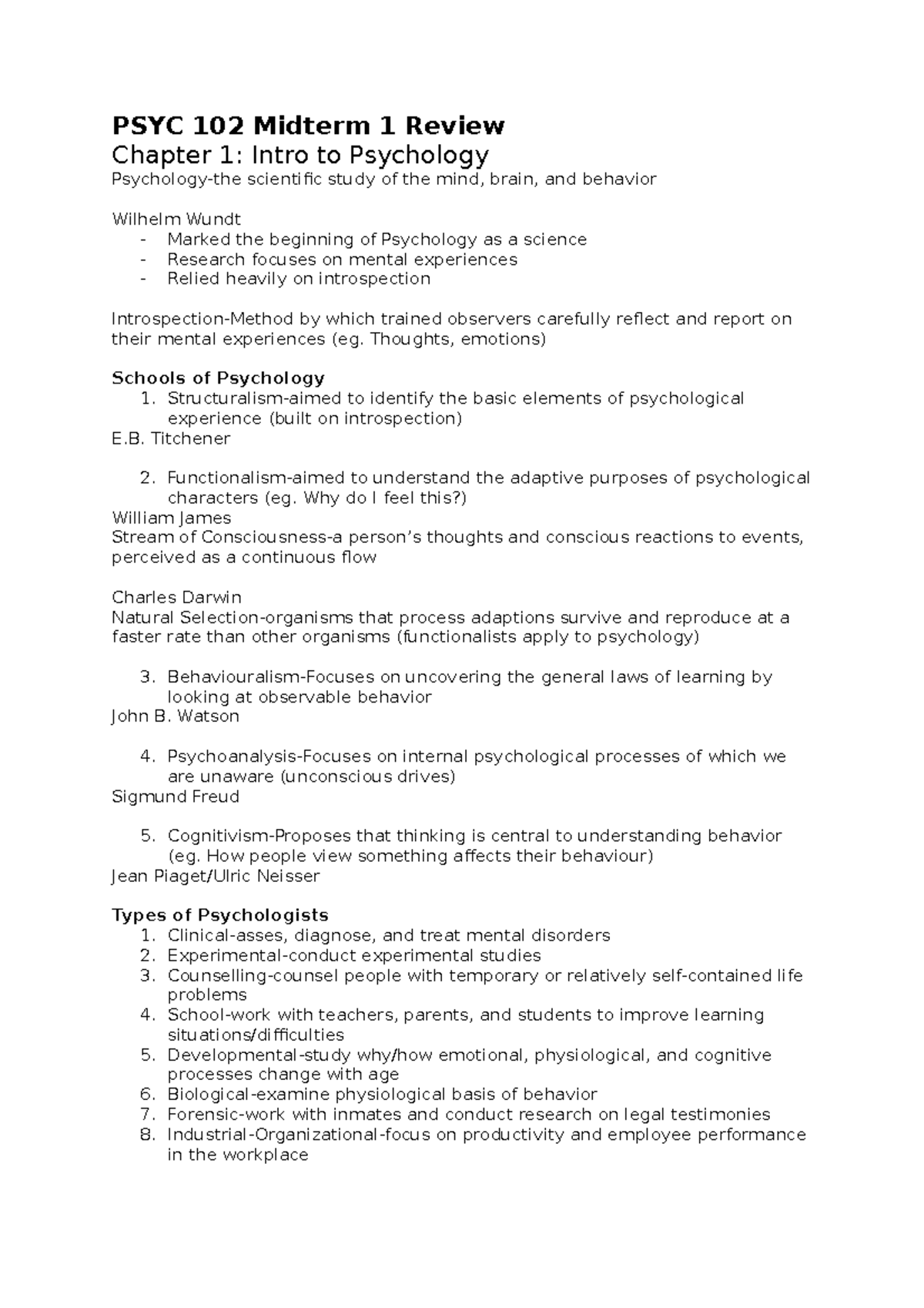 Midterm 1 Review - PSYC 102 Midterm 1 Review Chapter 1: Intro to ...
