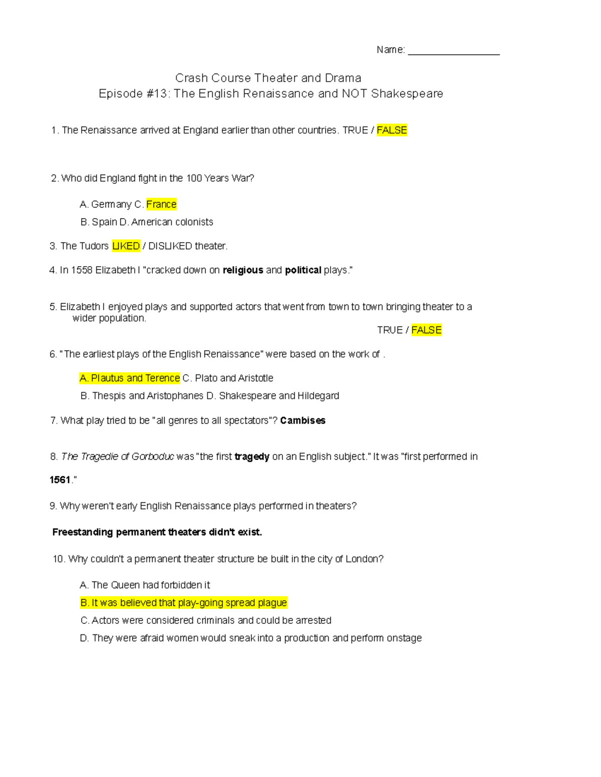 Crash Course Theater Episodes #13 - Name: _________________ Crash ...